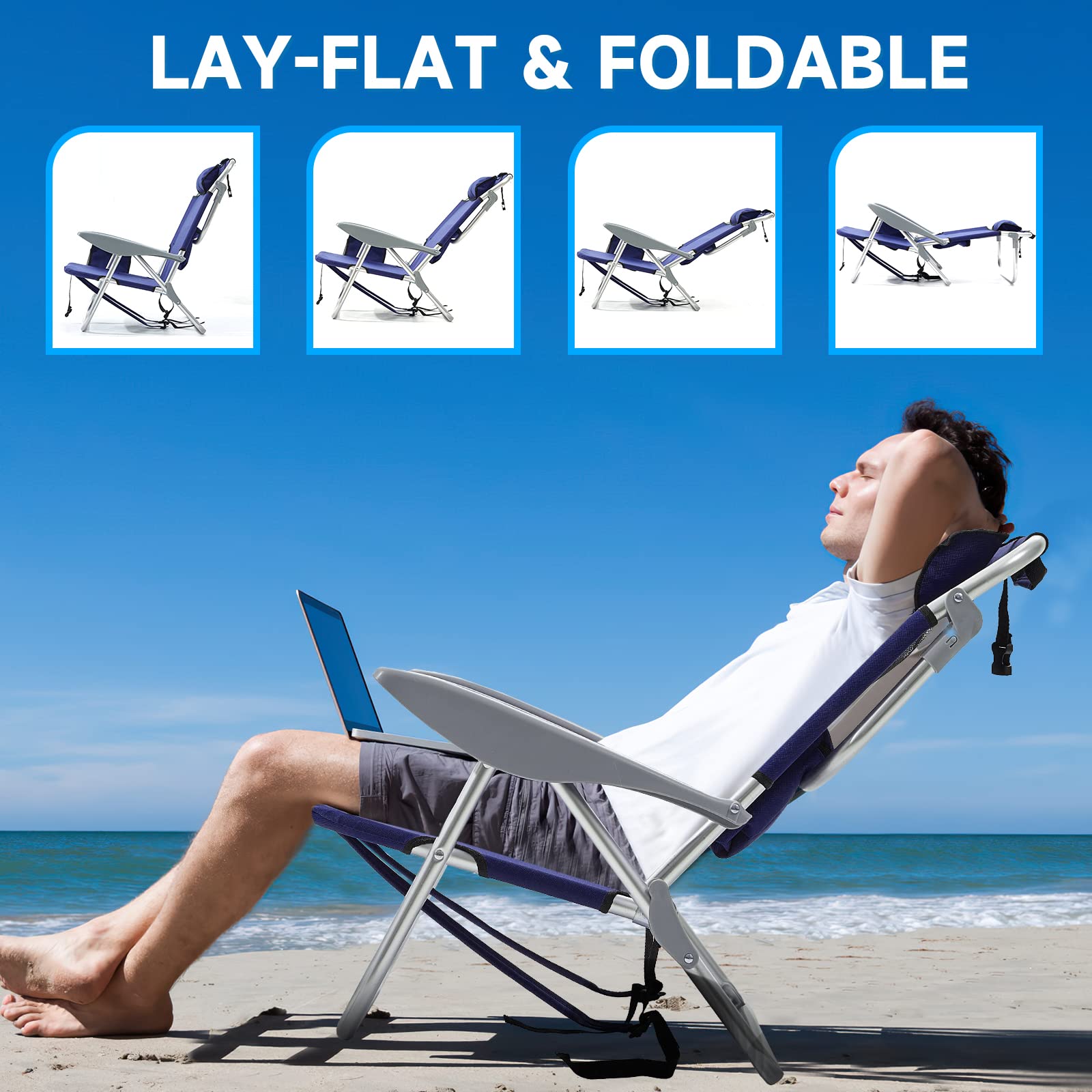 Canpsky Portable Camping Beach Chair for Adults, Lay Flat Folding Backpack Beach Chair with 4 Positions, Lightweight Beach Chairs with Headrest, Cooler Pouch, Cup Holder for Sand Party, Navy