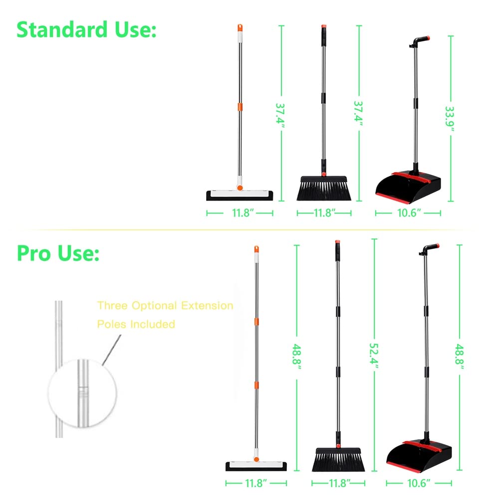 Dustpan and Broom Set Plus Squeegee Dustpan Broom Combo with Extendable & Adjustable Upright Poles to 52.4” Easy to Store Perfect for Kitchen, Outdoor, Lobby Floor and Office