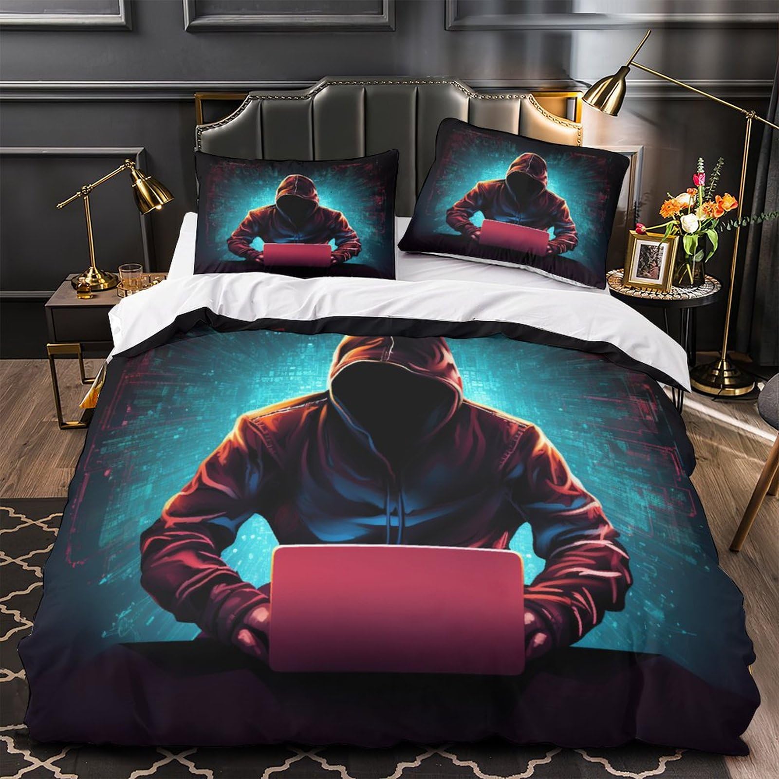 EVMILA Mystery Hacker for Teens and Adults 3D Print Computer Quilt Cover Duvet Cover Comforter Covers Soft Microfiber with Pillow Cases with Zipper Closure Bedding Set 3 Pieces Twin(173x218cm)