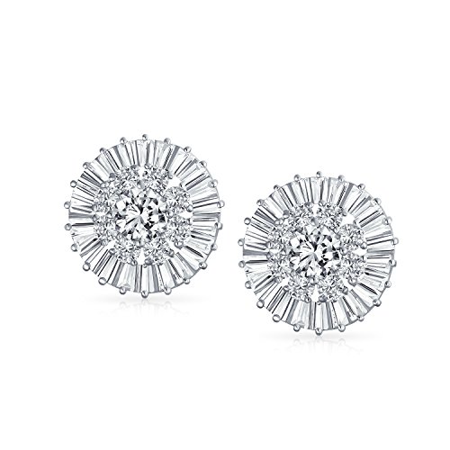 Bridal Wedding CZ Pave Round Cubic Zirconia Clip On Earrings For Women Non Pierced Ears Silver Plated Brass