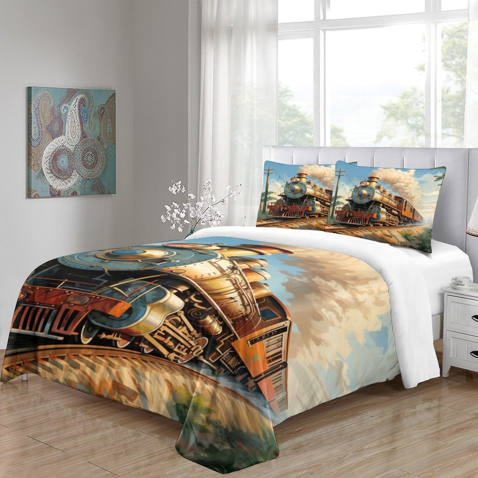 EVMILA Steam Train Comforter Covers for Boys Girls 3D Print Steampunk Duvet Cover Quilt Cover with Pillow Cases with Zipper Closure Bedding Set Soft Microfiber 3 Pieces Twin(173x218cm)