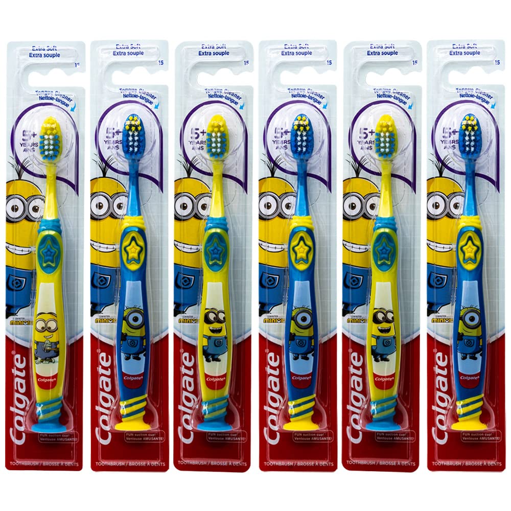 Colgate Minions Toothbrush with Suction Cup, Tongue Cleaner 5+ Years, Extra Soft (Colors Vary) - Pack of 6