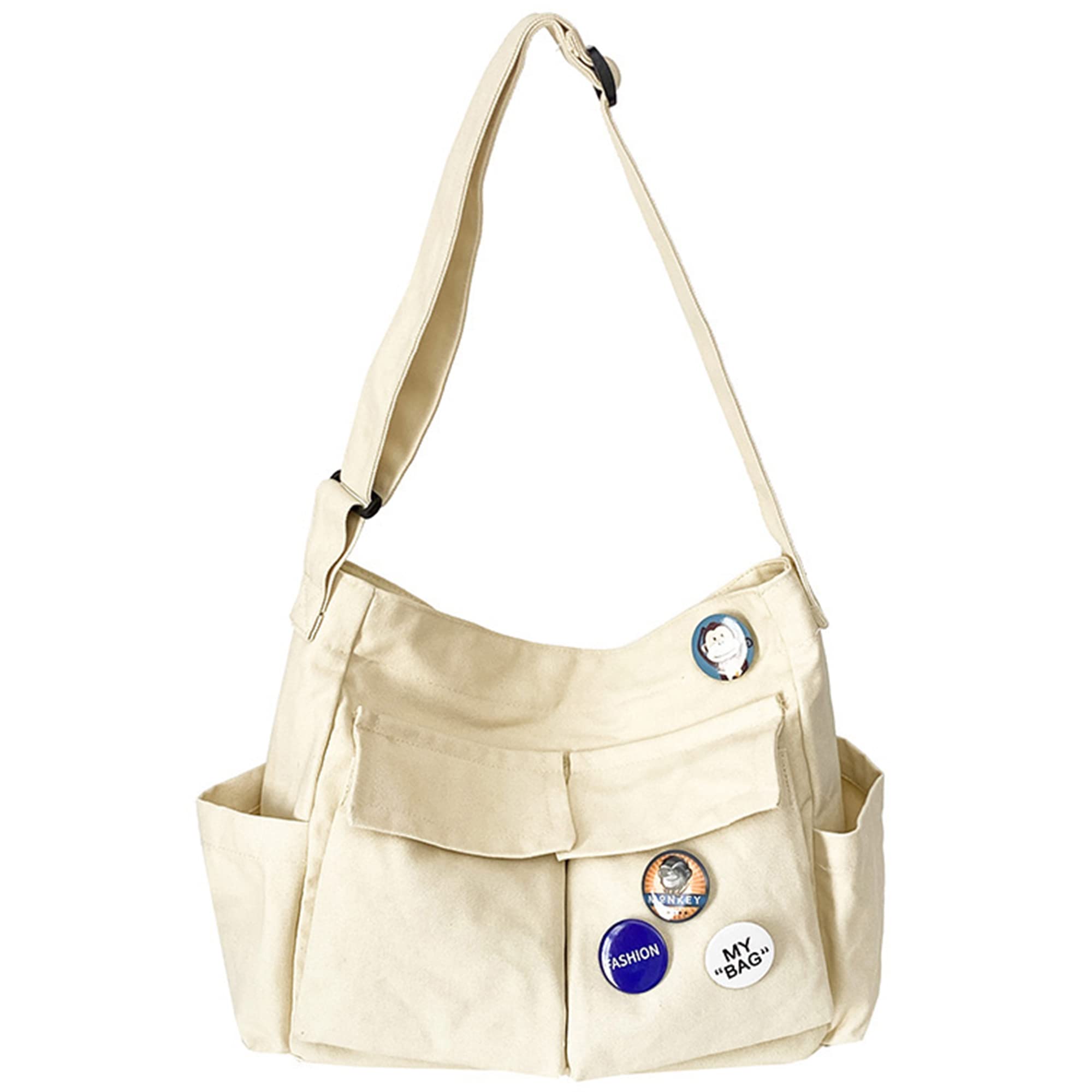 Canvas Messenger Bag Large Hobo Crossbody Bag with Multiple Pockets Shoulder Tote Bag for Women and Men (Beige)