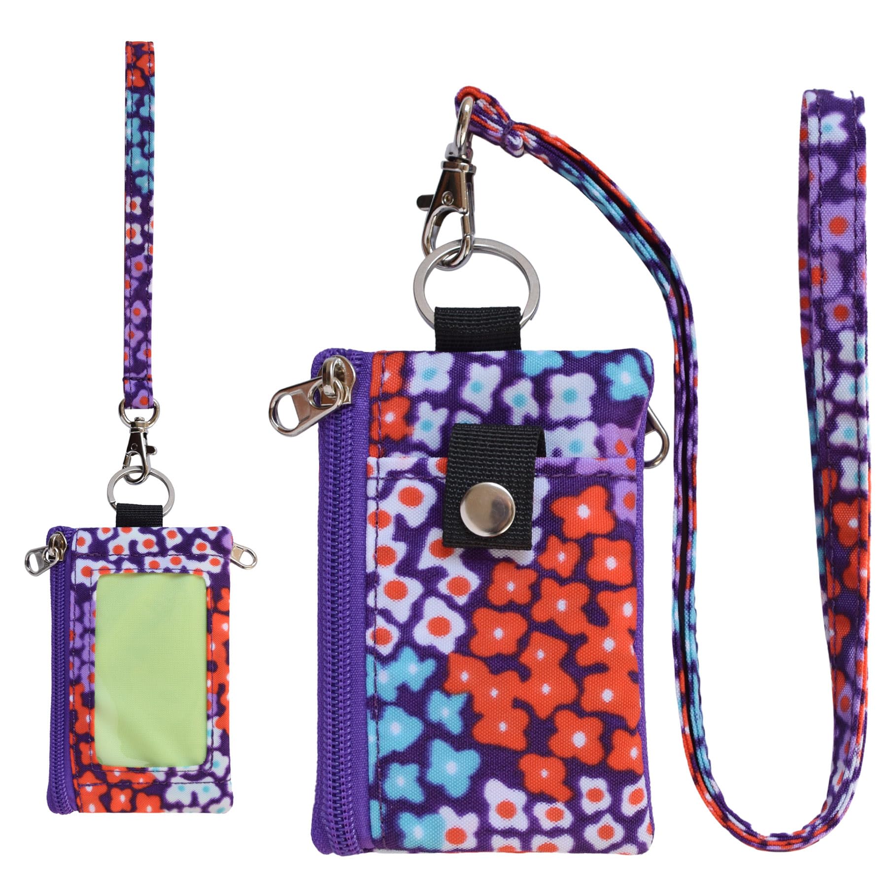 CHENSPRX Small Lanyard Wallet for Women with RFID Blocking,ID Holder,Keychain - Zip ID Card Case and Coin Purse for Travel and Daily Use (Purple Blossom)