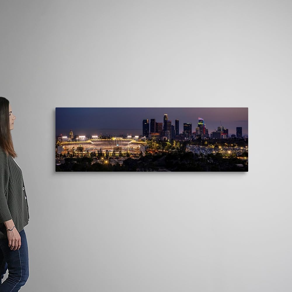 CANVAS ON DEMAND Dodger Stadium and La Skyline Lit Up At Night - Panoramic Canvas Wall Art Print by Circle Capture, Home Decor, Baseball, United States Artwork, 60"x20"