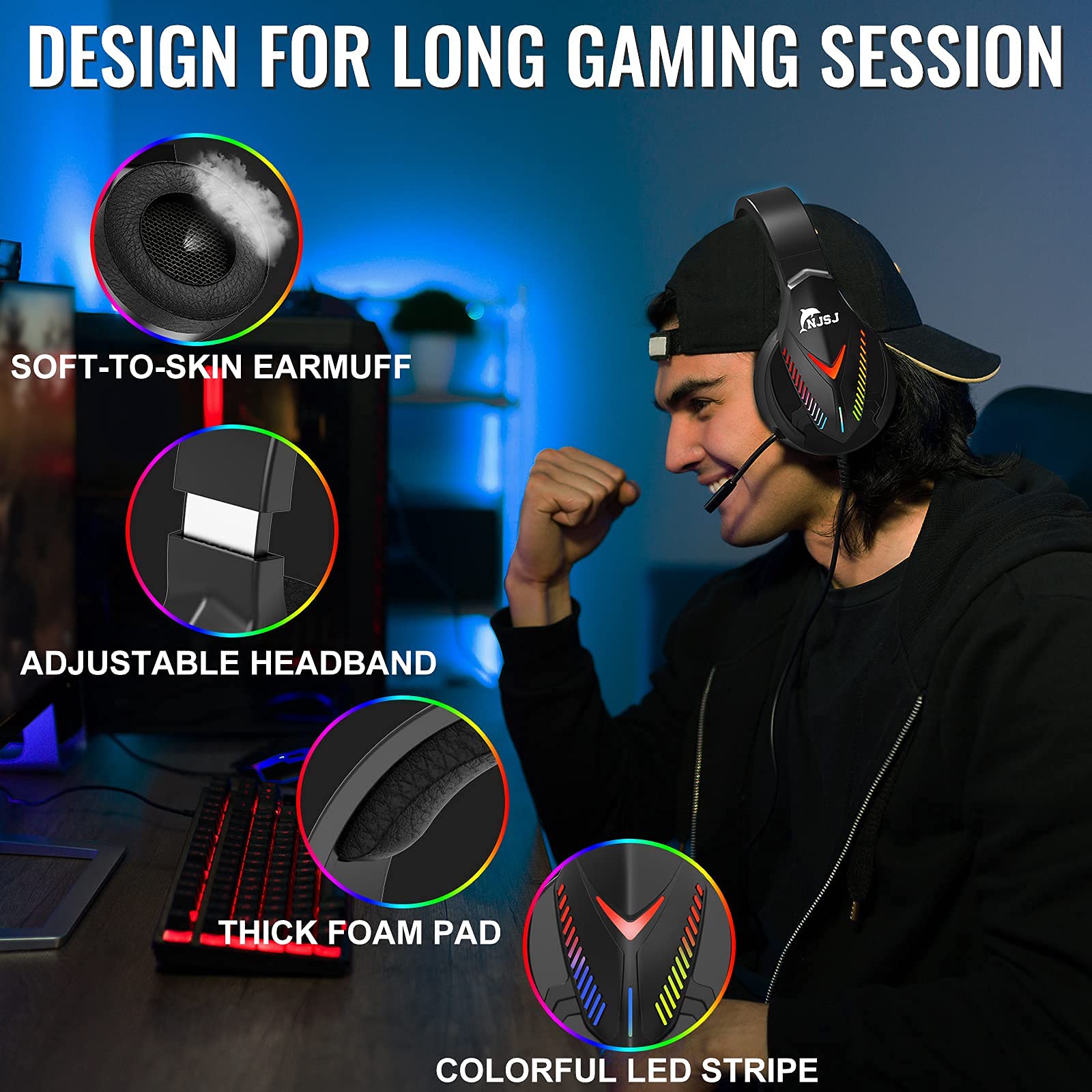 NJSJ Gaming Headset for PS4 PC Xbox One PS5 Controller, Gaming Headphones with Noise Canceling Microphone,Surround Sound,RGB LED Light,Soft Memory Foam Ear Pads for PC, Mac, Laptop, Cell Phones