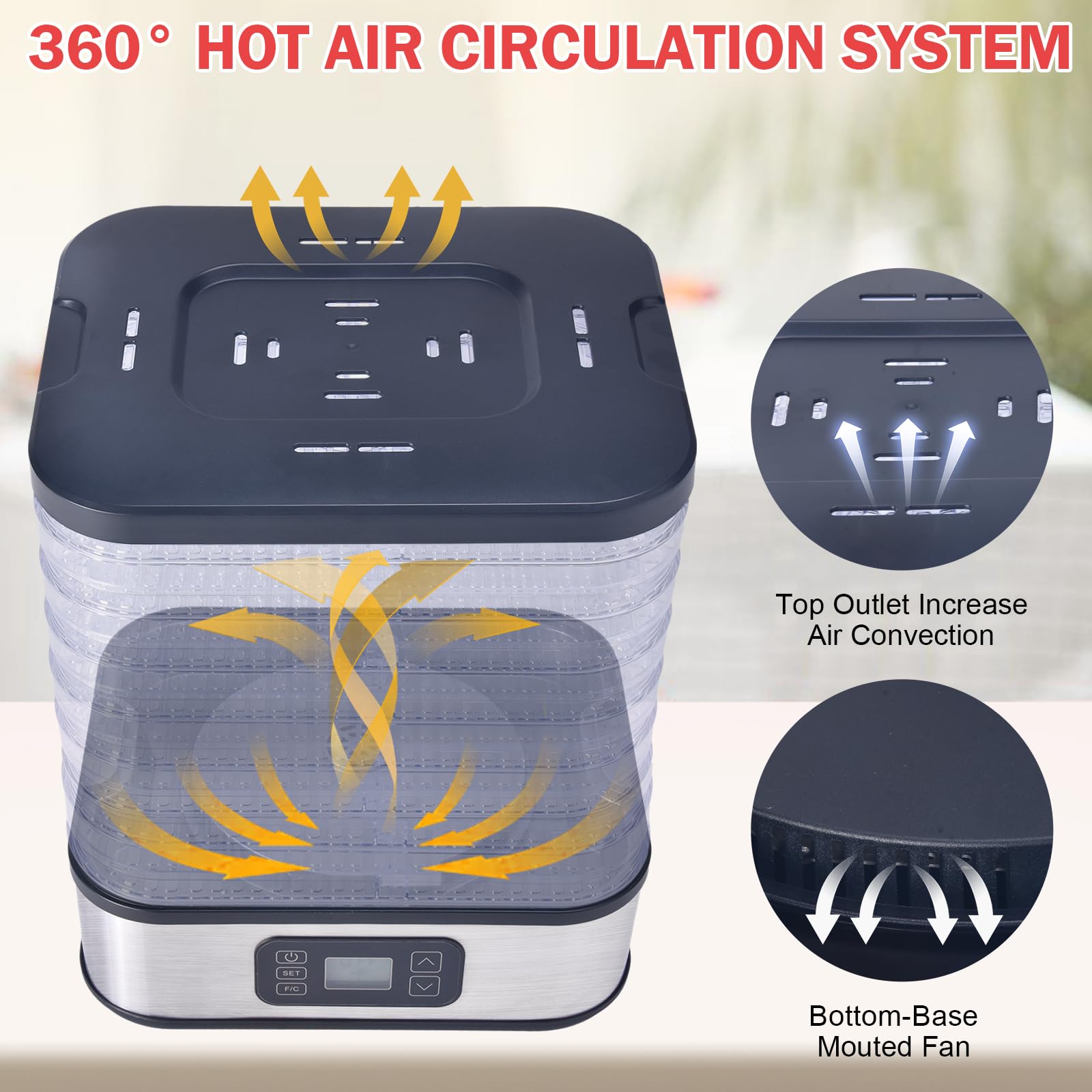 HOPERAN Food Dehydrator, 6 Trays Dehydrator with 72H Timer & 95-167℉ Temperature Control & LED Display, Dehydrators for Food and Jerky, Fruits, Herb, Veggies, Pet Treat, BPA-Free, Recipe Book Included