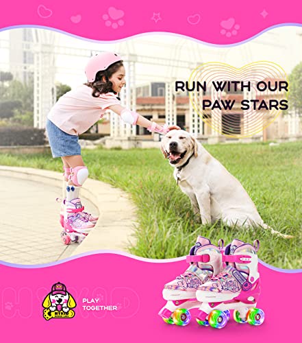 HYKID Paw Stars 4 Size Adjustable Roller Skates with Light Up Wheels,Safe for Girls Kids Toddler, Trimmable Insole Included (Small)