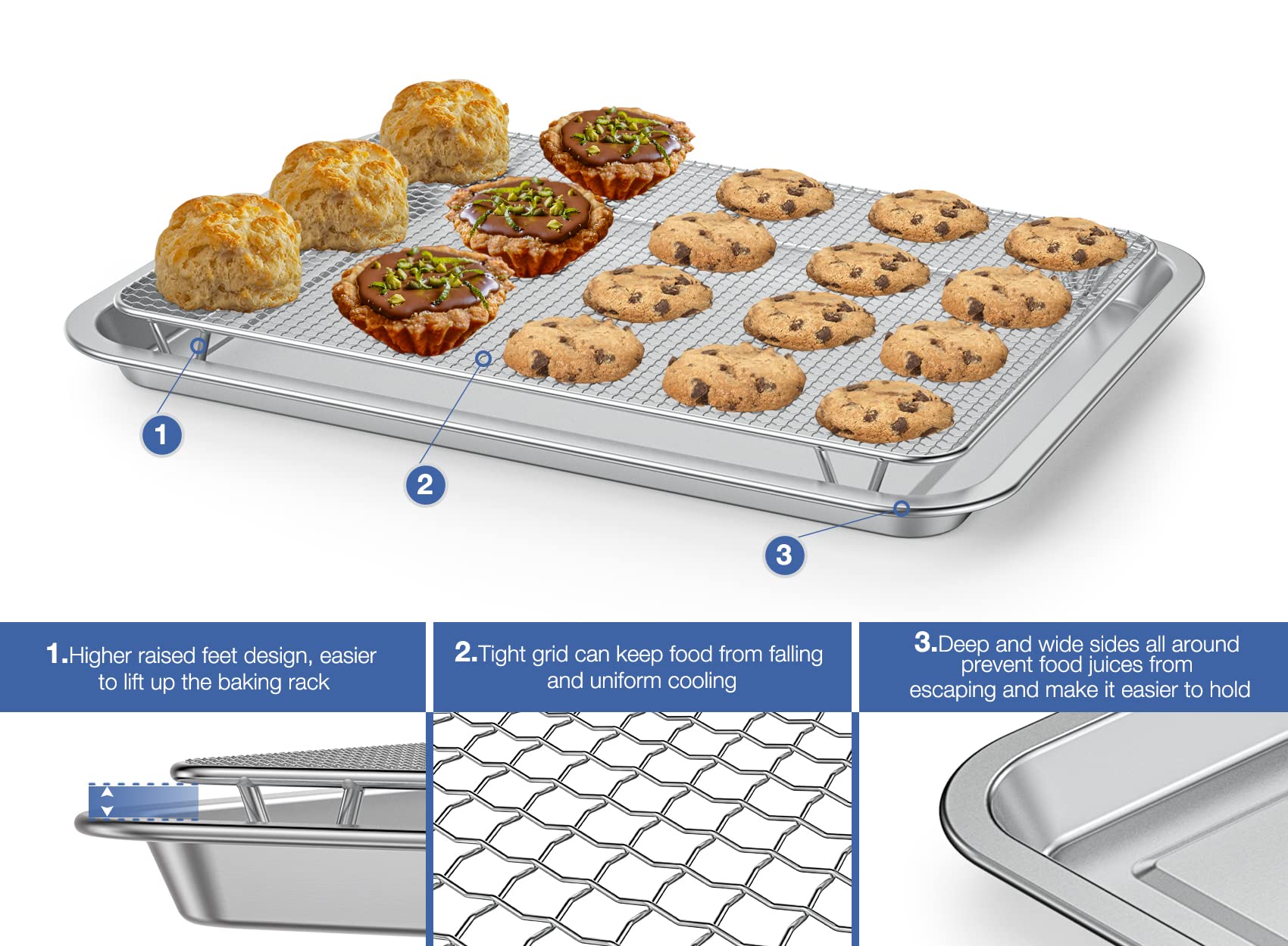 DOBADN Baking Sheet with Wire Rack, 15.35''x 11.5'' Stainless Steel Cooking Pan with Grease Mesh Strainer, Kitchen Bakeware for Smoker and Pellet Grills,Oven Safe