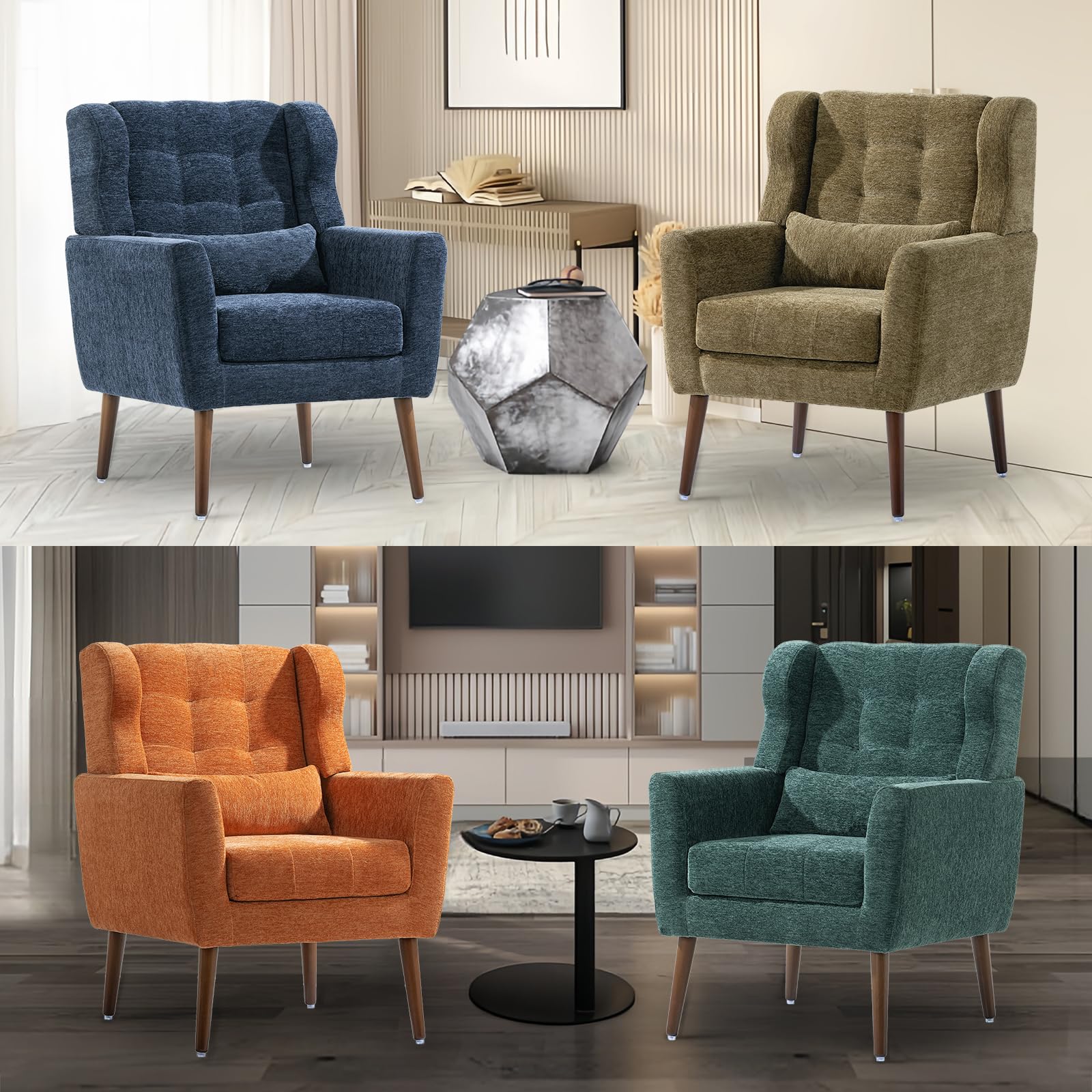 cinkehome Accent Arm Chairs for Living Room, Chenille Upholstered Mordern Armchair, Comfy Soft Padded Lounge Chair in Small Spaces, Bedroom, w/Pillow, Solid Wood Leg, Orange