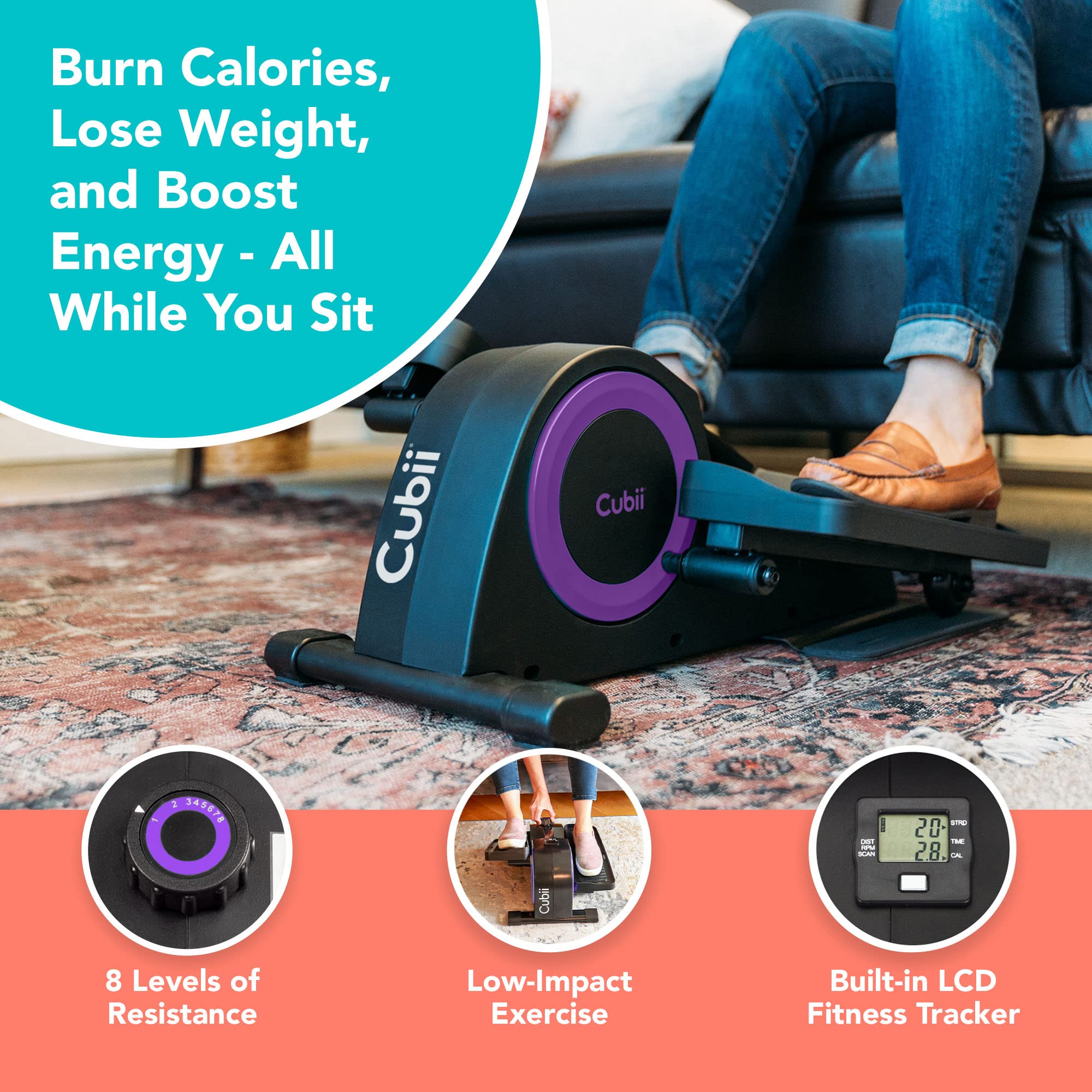 Cubii JR2, Under Desk Elliptical w/Mat Bundle, Bike Pedal Exerciser, Seated Elliptical, Work from Home Fitness, Mini Elliptical Machines for Home Use, Exerciser for Seniors, Desk Exercise, Silver
