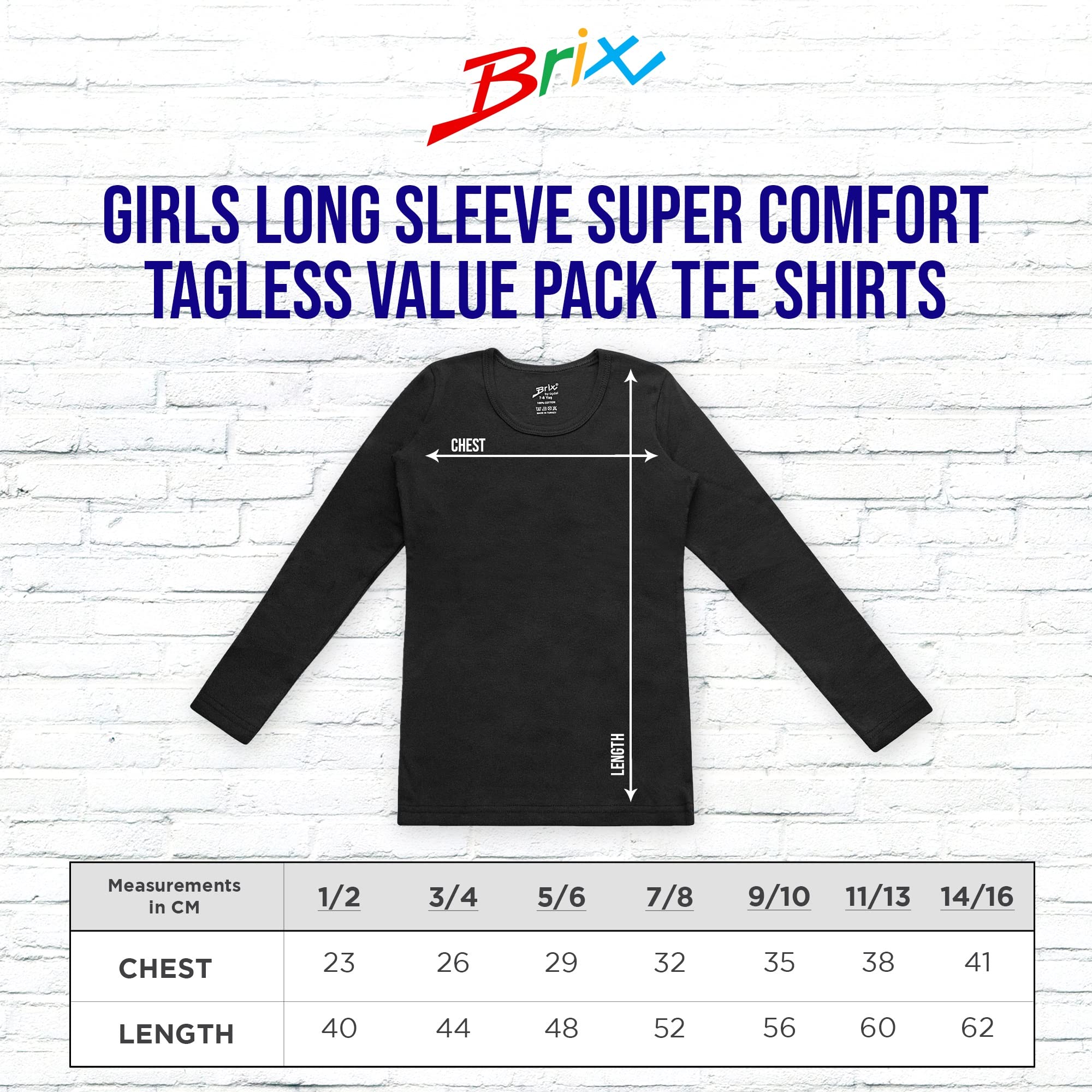 Brix Girls' Long Sleeve Tees - White 4 pack Shirts Tagless cotton T.