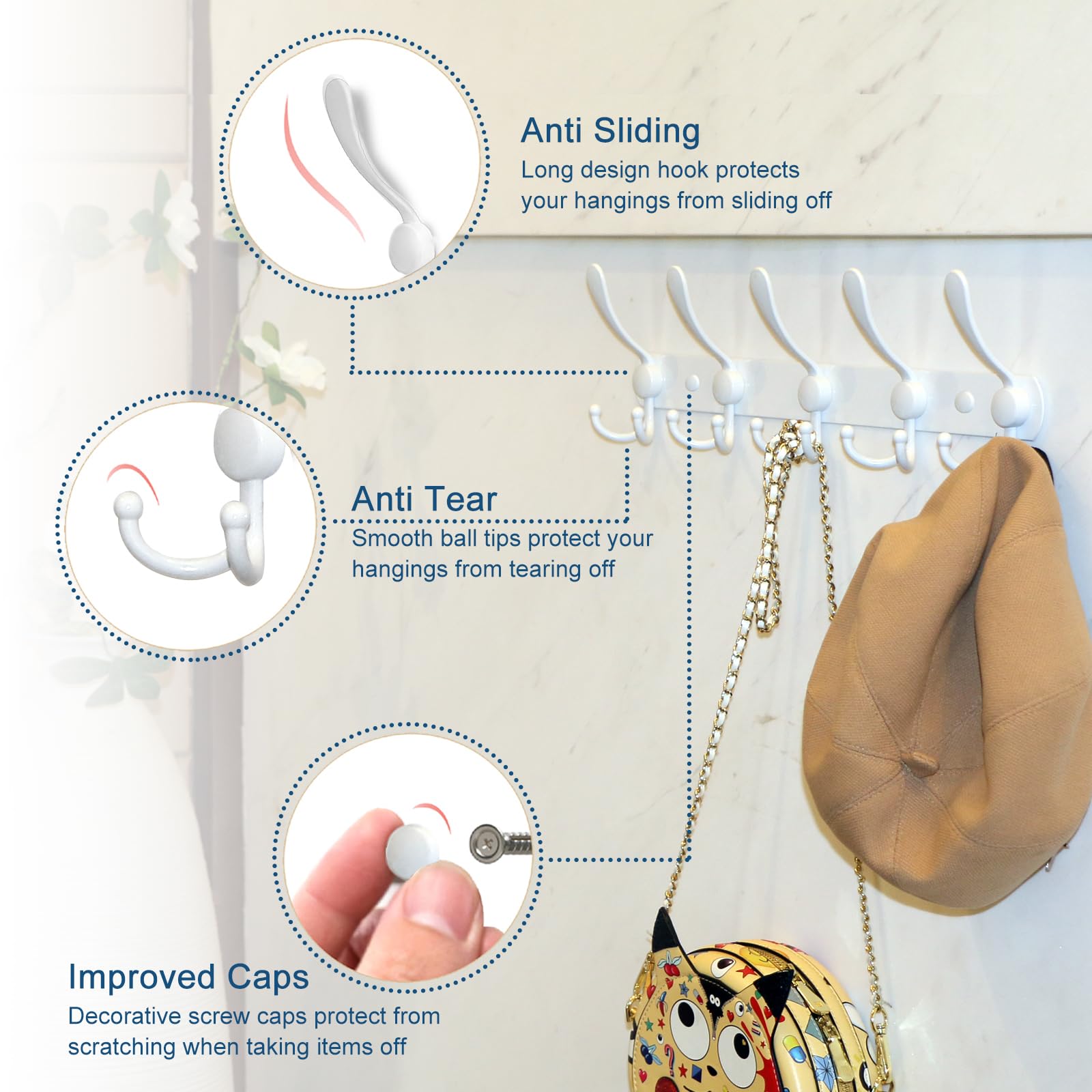 DVACEL 2 Pack Coat Rack Wall Mount, Wall Coat Rack with 5 Tri Hooks for Hanging Heavy Duty,Stainless Steel for Towel Clothes Coat Hanger Hat Rack Bathroom Bedroom Kitchen Hotel Entryway (White)