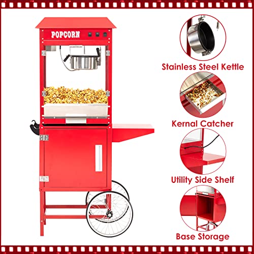 Garvee Commercial Popcorn Machine with Stand - Professional Cart Popcorn Maker Machine With 8 Oz Kettle Makes Up to 60 Cups, With Lockers for Home Movie Theater Style 34.3 * 19.3 * 31 inches
