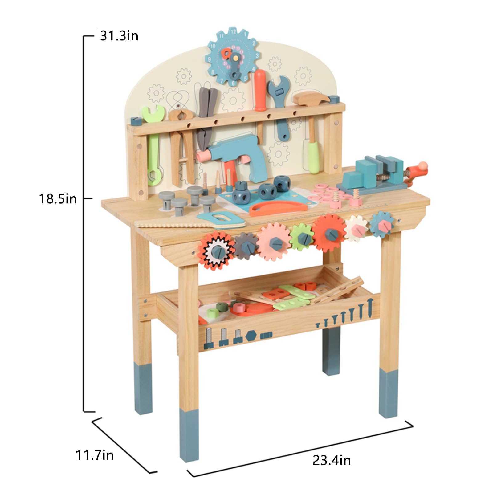 Wooden Power Tool Workbench for Kids, Building Tools Sets Pretend Play Toys - Construction Workbench with Wrench, Screwdriver, Miter Saw and Hammer - Educational Gift for Toddlers Age 3 and Up