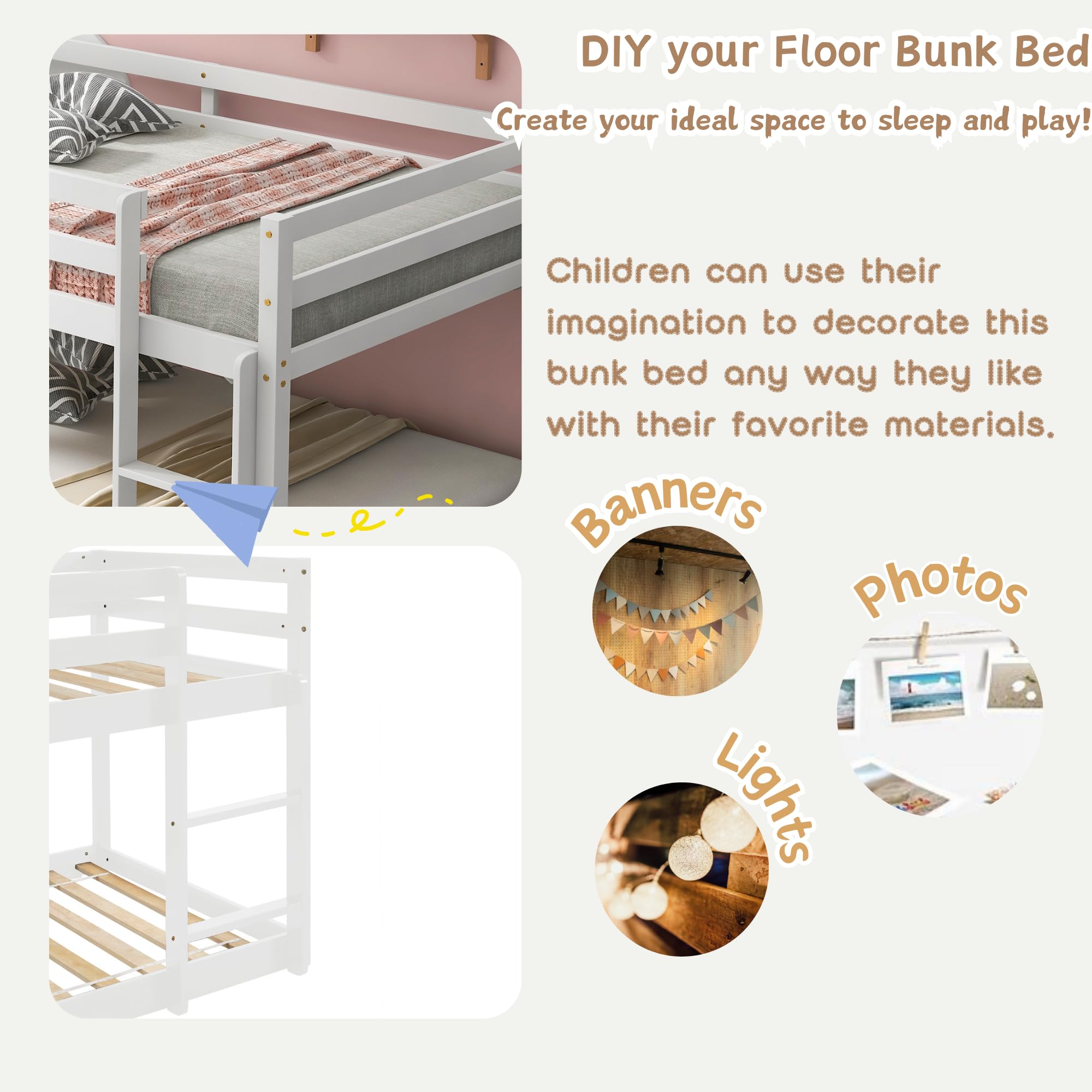 Harper & Bright Designs Low Bunk Beds Twin Over Twin Wood Twin Bunk Bed Frame with Safety Rail Ladder for Kids Bedroom Twin Floor Bunk Bed for Boys Girls Teens, White