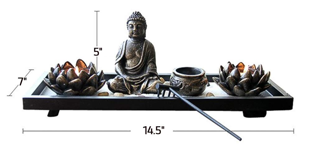 Royal Brands’ Zen Garden with Buddha, Rake, Tea Light Candle and Incense Holder - Peace and Tranquility (14.5"x5"x7")