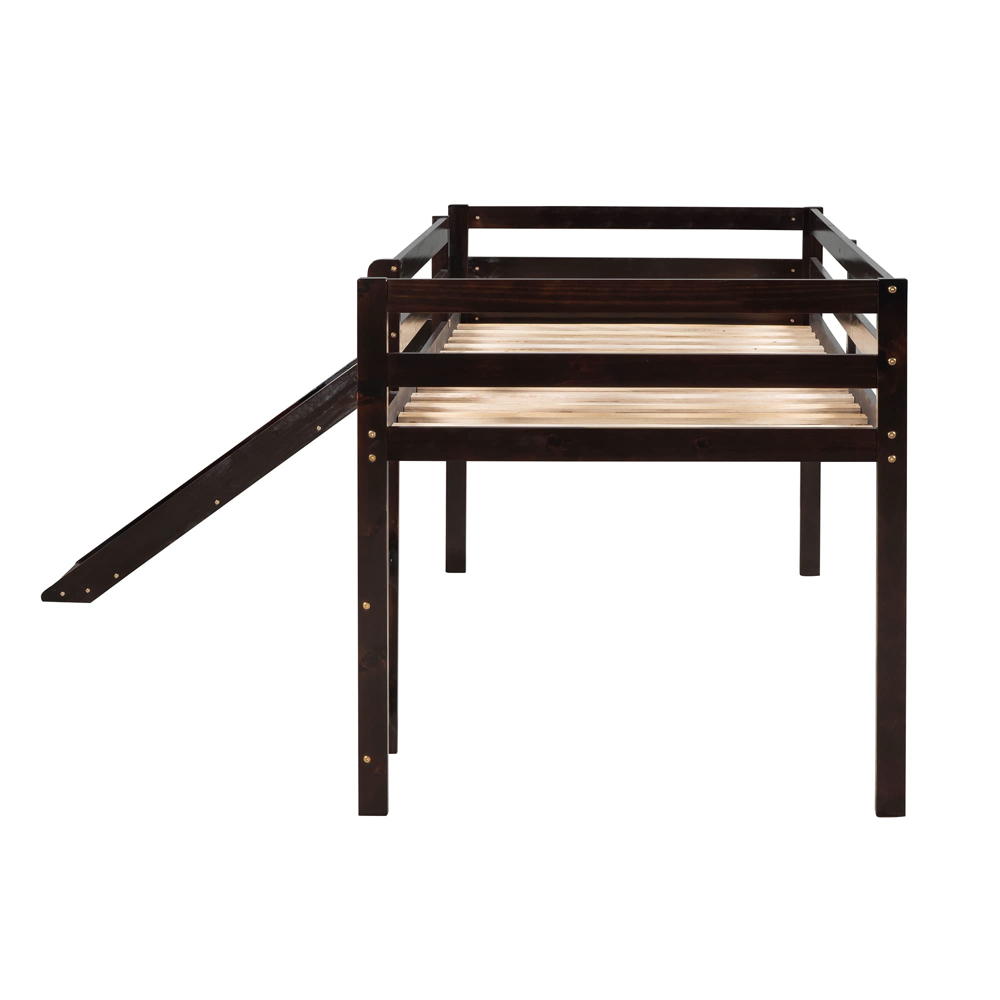 Harper & Bright Designs Kids Low Loft Bed with Slide, Twin Size Wooden Loft Bed Frame, Espresso