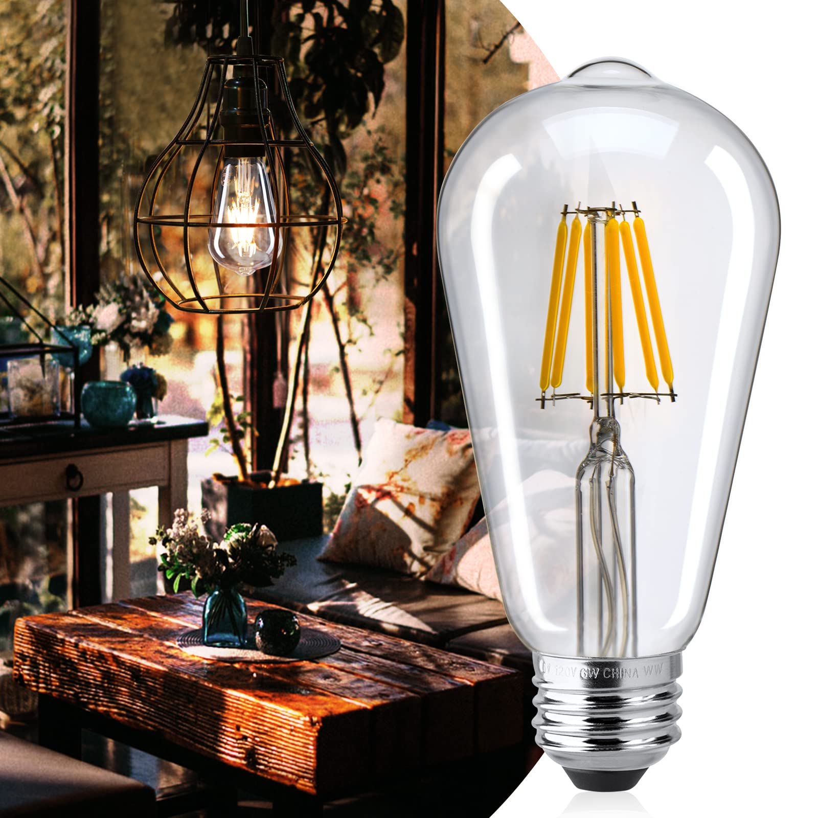 Brightown Edison Bulb, 6 Packs 540 Lumen 6W LED Bulbs 60 Watt Equivalent, Dimmable E26 Vingtage LED Light Bulbs, 2700K Warm White Clear Bulbs