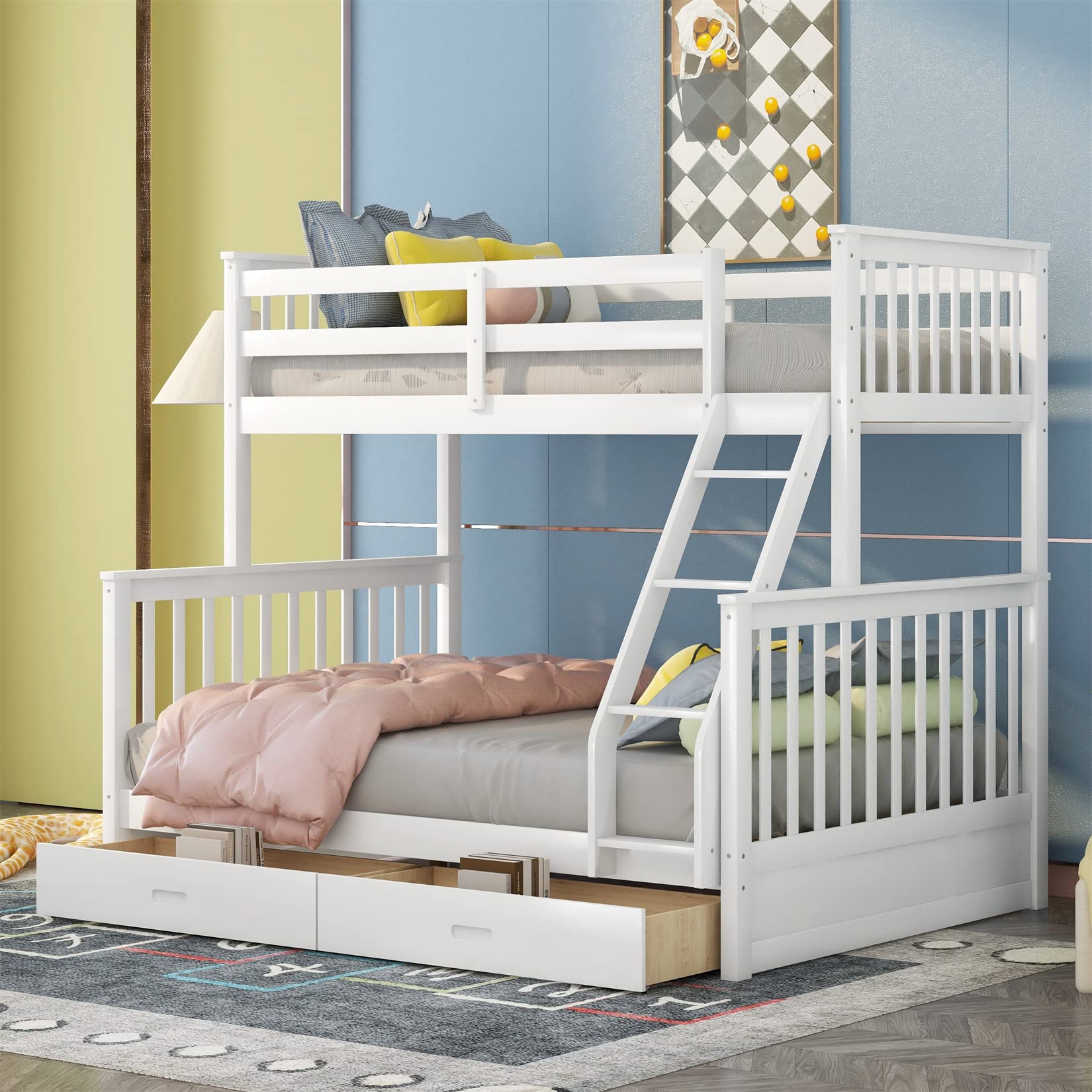 Harper&Bright Designs Twin-Over-Full Bunk Bed with Ladders and Two Storage Drawers,Space-Saving Design,White