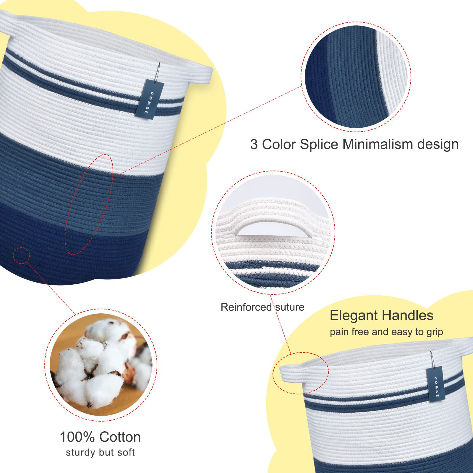COMSE Extra Large Blanket Basket, High Storage Basket, Tall Rope Laundry Basket, 15.7βx 21.7β, XXXL Cotton Rope Basket, Woven Laundry Basket, Toy Basket, Clothes Baskets,Woven Basket,Gradient Blue