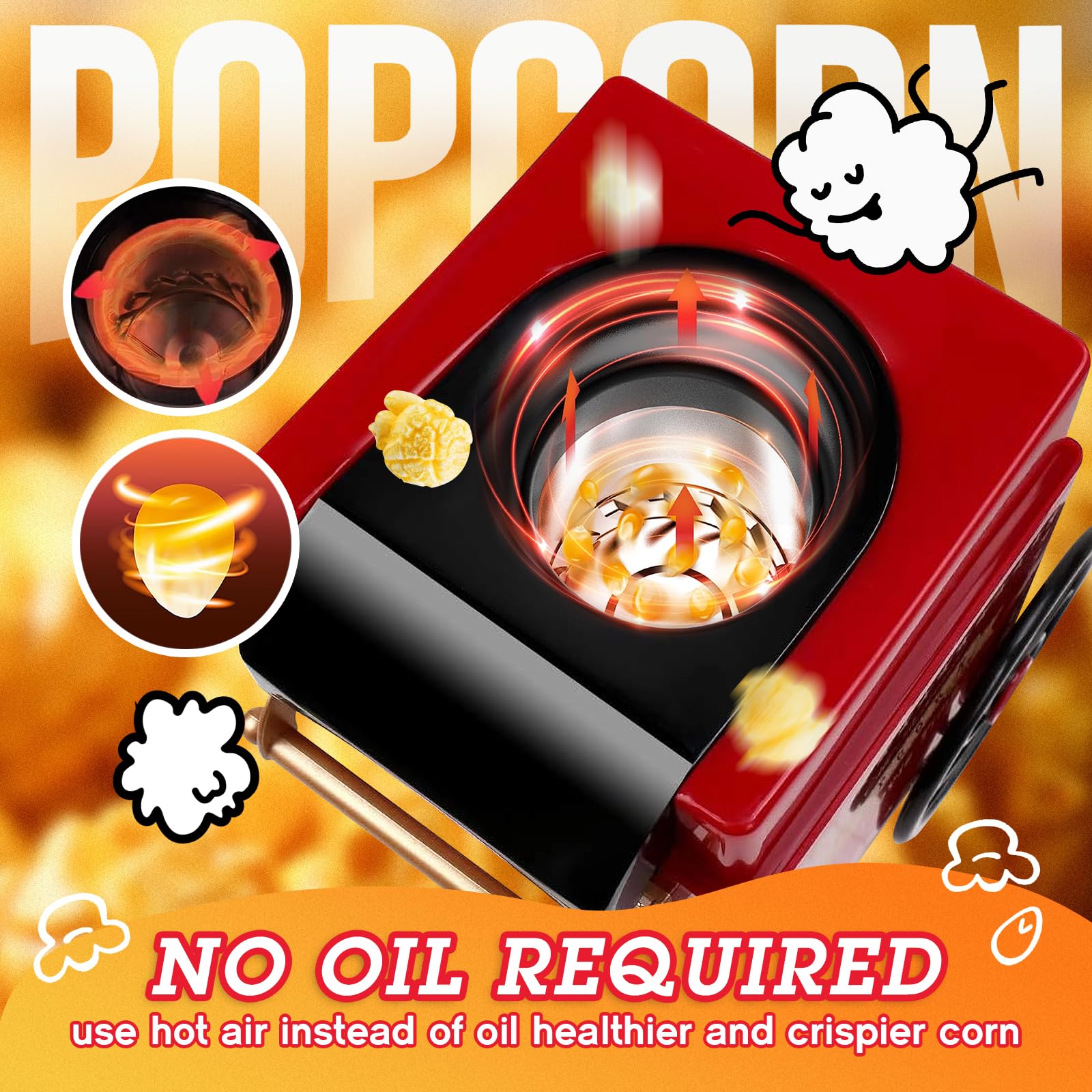 GVAKMM Popcorn Machine, Hot Air Popcorn Maker, Portable Home Popcorn Popper Machine, 10-Cup,Oil-Free,Retro Style,Compact and Cute