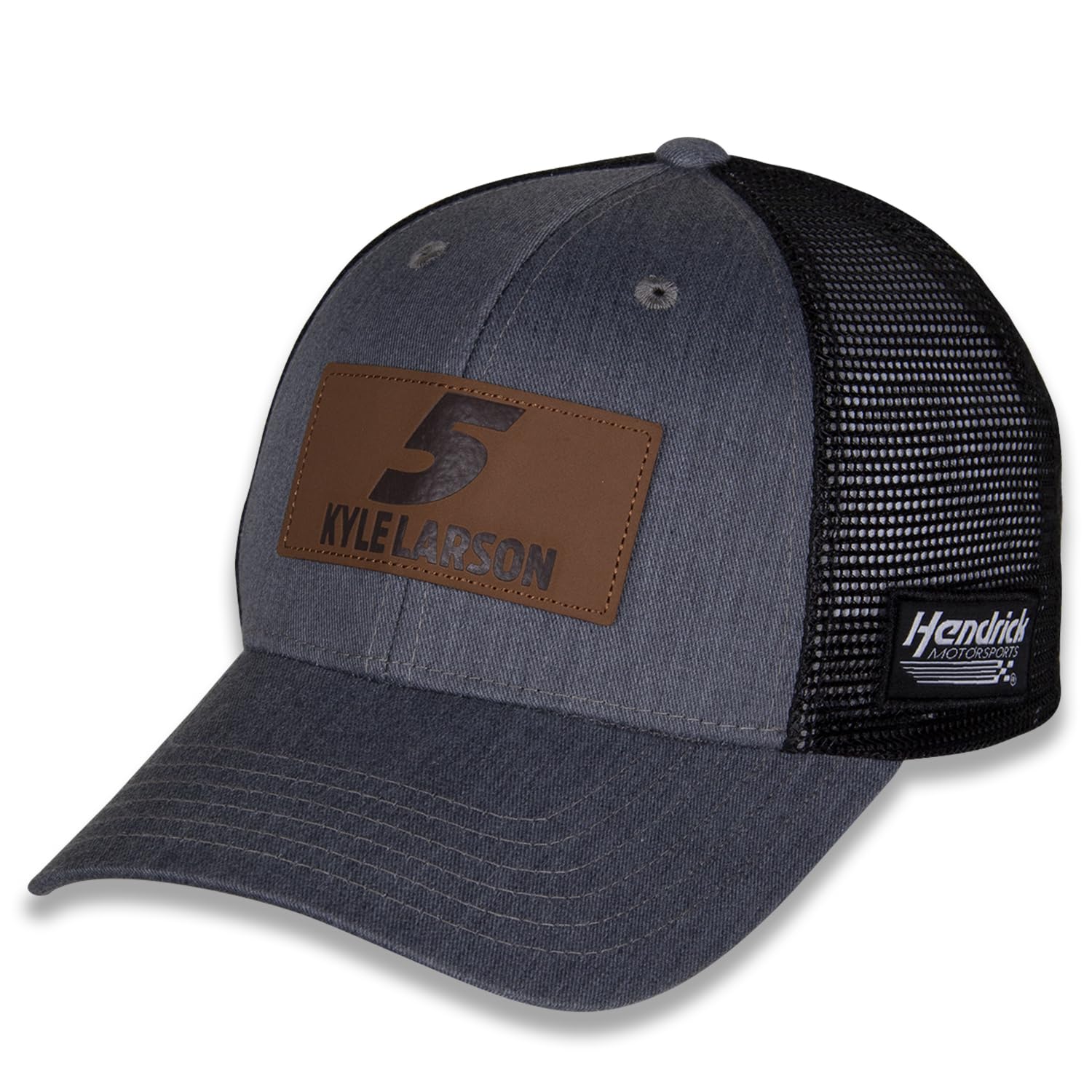Checkered Flag Sports Kyle Larson #5 NASCAR 2023 Leather Patch Adjustable Gray Black Trucker Mesh Hat