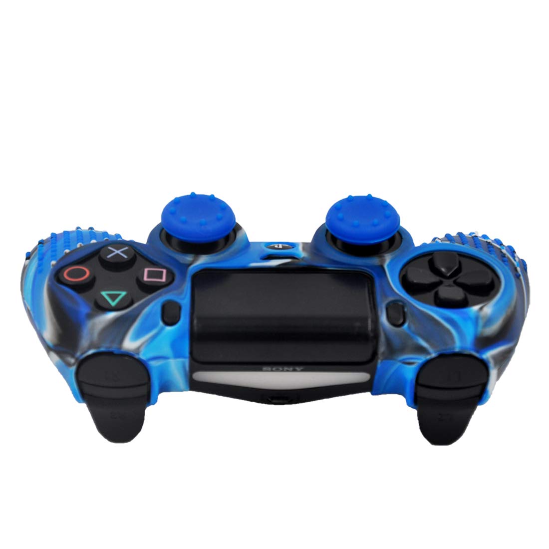 SKINOWN Silicone Case Anti-Slip Protective Grip Cover for PS4 Controller with 4 Thumb Grips(Blue Camo)