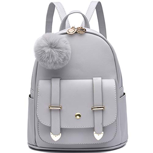 I IHAYNER Girls Fashion Backpack Mini Backpack Purse for Women Teenage Girls Purses PU Leather Pompom Backpack Shoulder Bag Grey