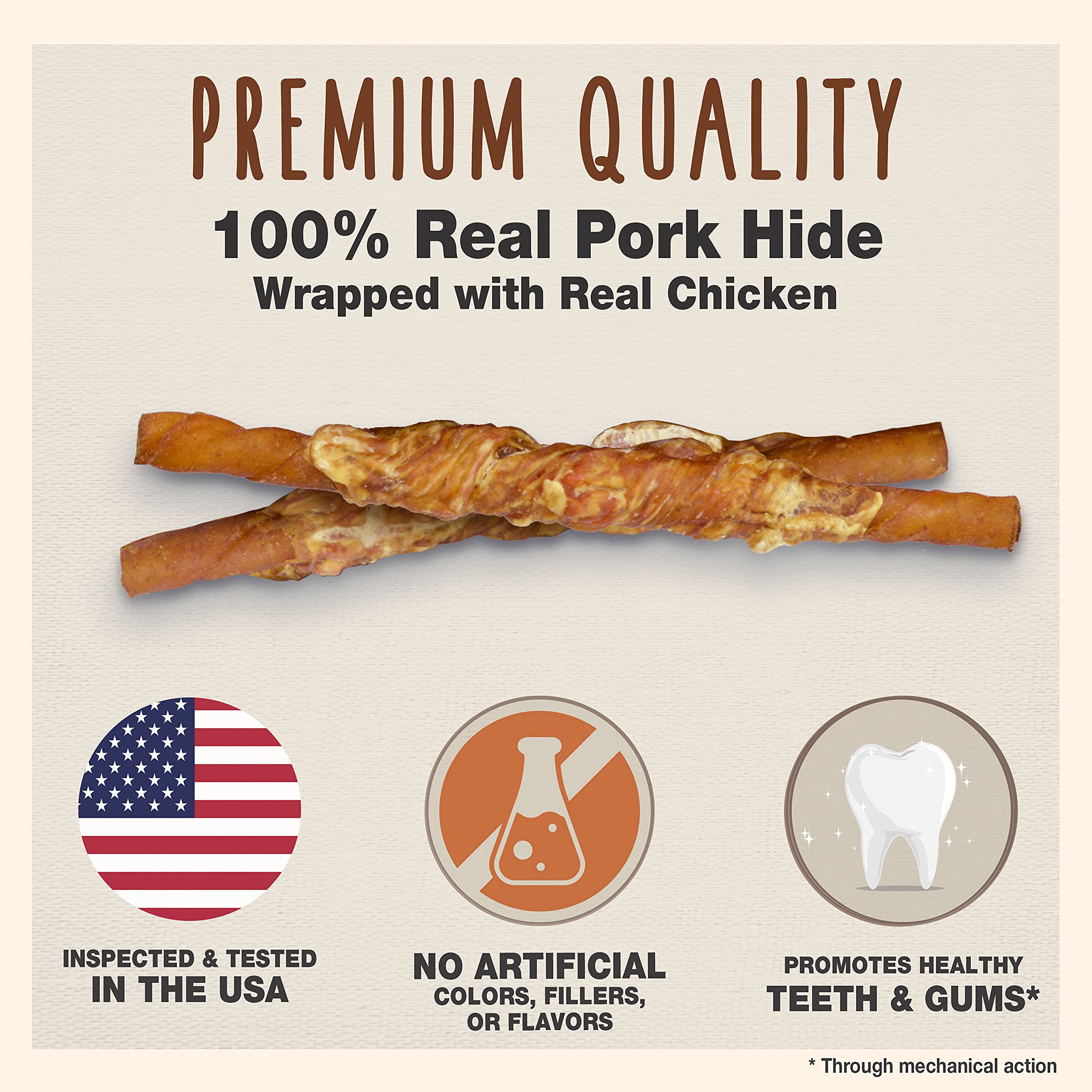 Cadet Gourmet Twists Sticks- Long Lasting & Natural Dog Treats for Large & Small Dogs Pork Hide & Chicken - Inspected & Tested in USA (22 Count)