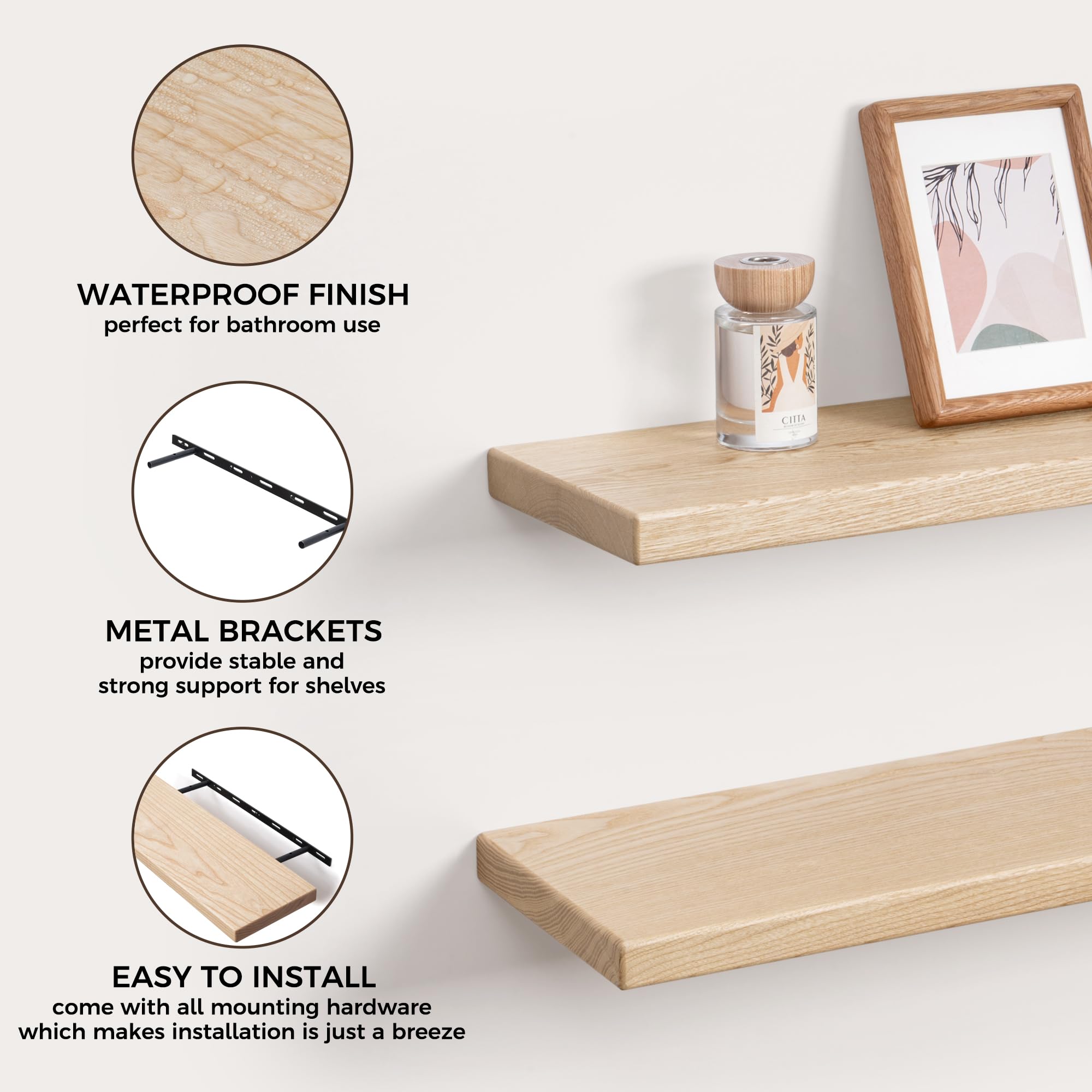 FLYJOE Floating Shelves for Wall, 48 Inch Floating Shelf Set of 1, Solid Ash Wood Wall Shelves, Rustic Grey Wooden Shelves for Living Room Bedroom Kitchen Home Office - Grey