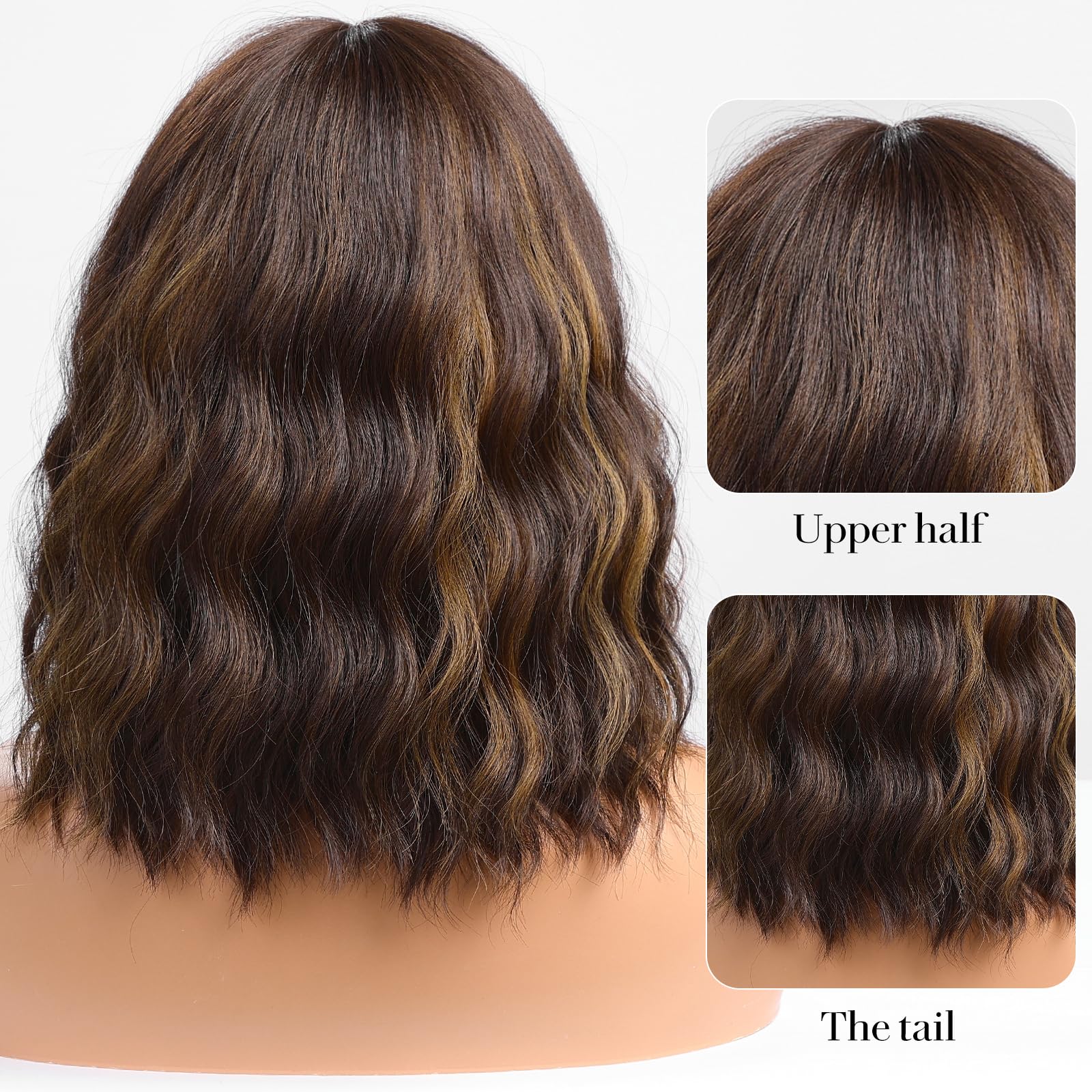 BLONDE UNICORN Brown Wig with Highlight Bob Wigs with Bangs Shoulder Length Wavy Wig Middle Part Hair Wig for Women………