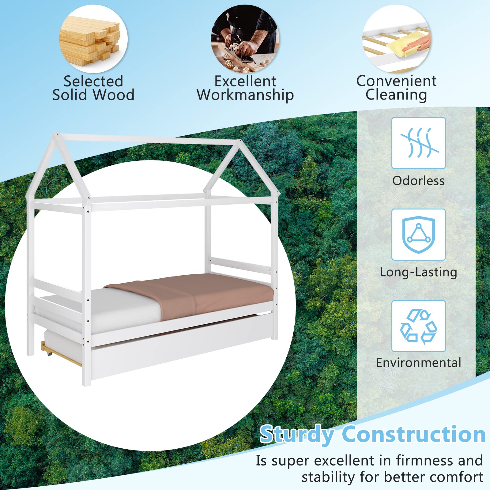 KOMFOTT Twin House Bed with Trundle, Solid Wood Playhouse Platform Bed Frame, Kids Daybed with Roof for Girls & Boys, No Box Spring Needed, Noise-Free Design, Easy Assembly, White