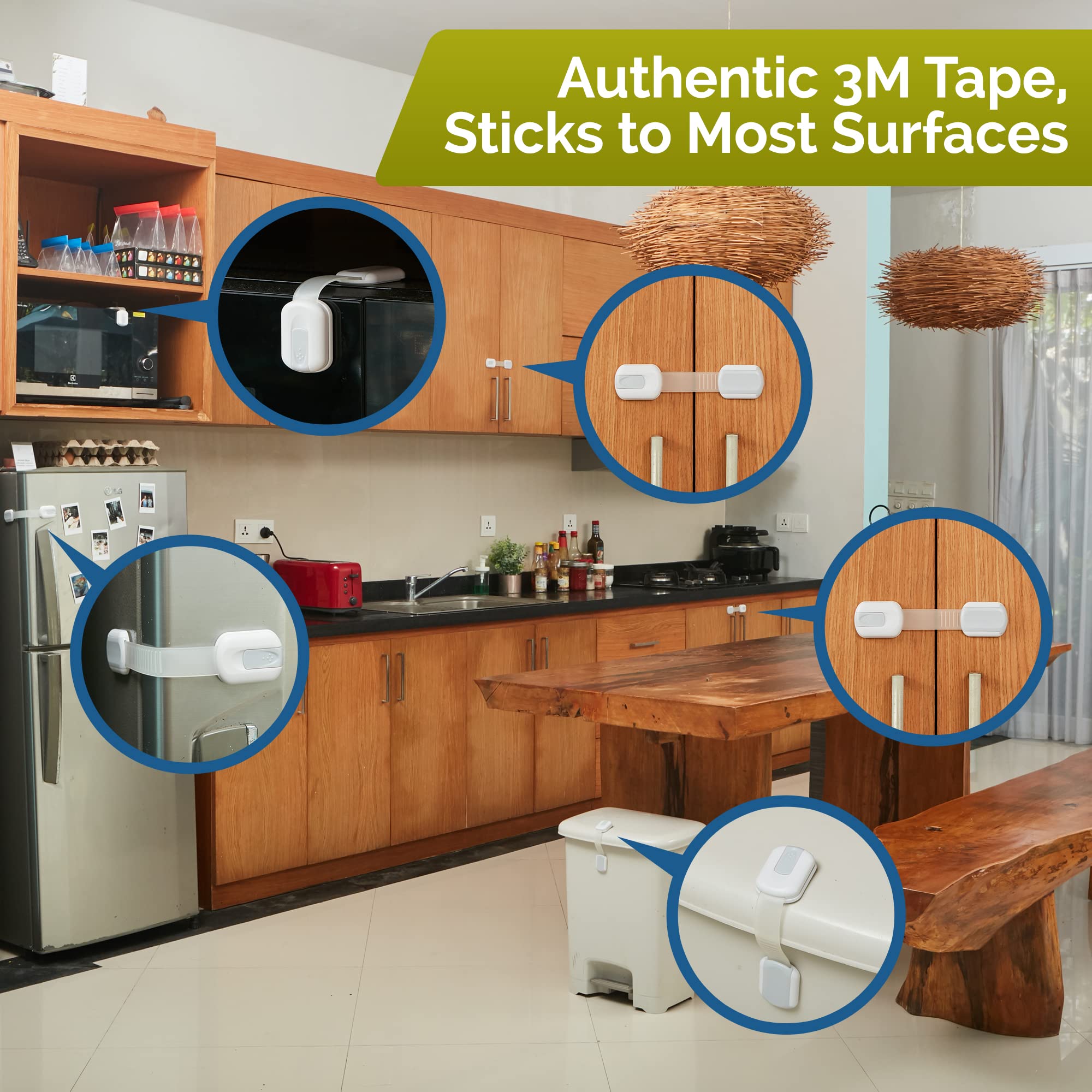 Child Safety Strap Locks (4-Pack) Baby Locks for Cabinets and Drawers, Toilet, Fridge & More. 3M Adhesive Pads. Easy Installation. (White)