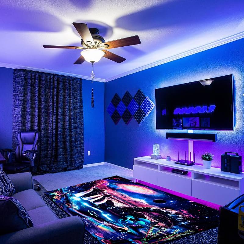 EISKBC Blacklight Galaxy Area Rug, Neon UV Reactive Space Planet Throw Rug, Non-Slip Waterfall Mushroom Mountain Wave Landscape Floor Mat Carpet, Fluorescent Fantasy Decor for Home Bed Room 70x47inch