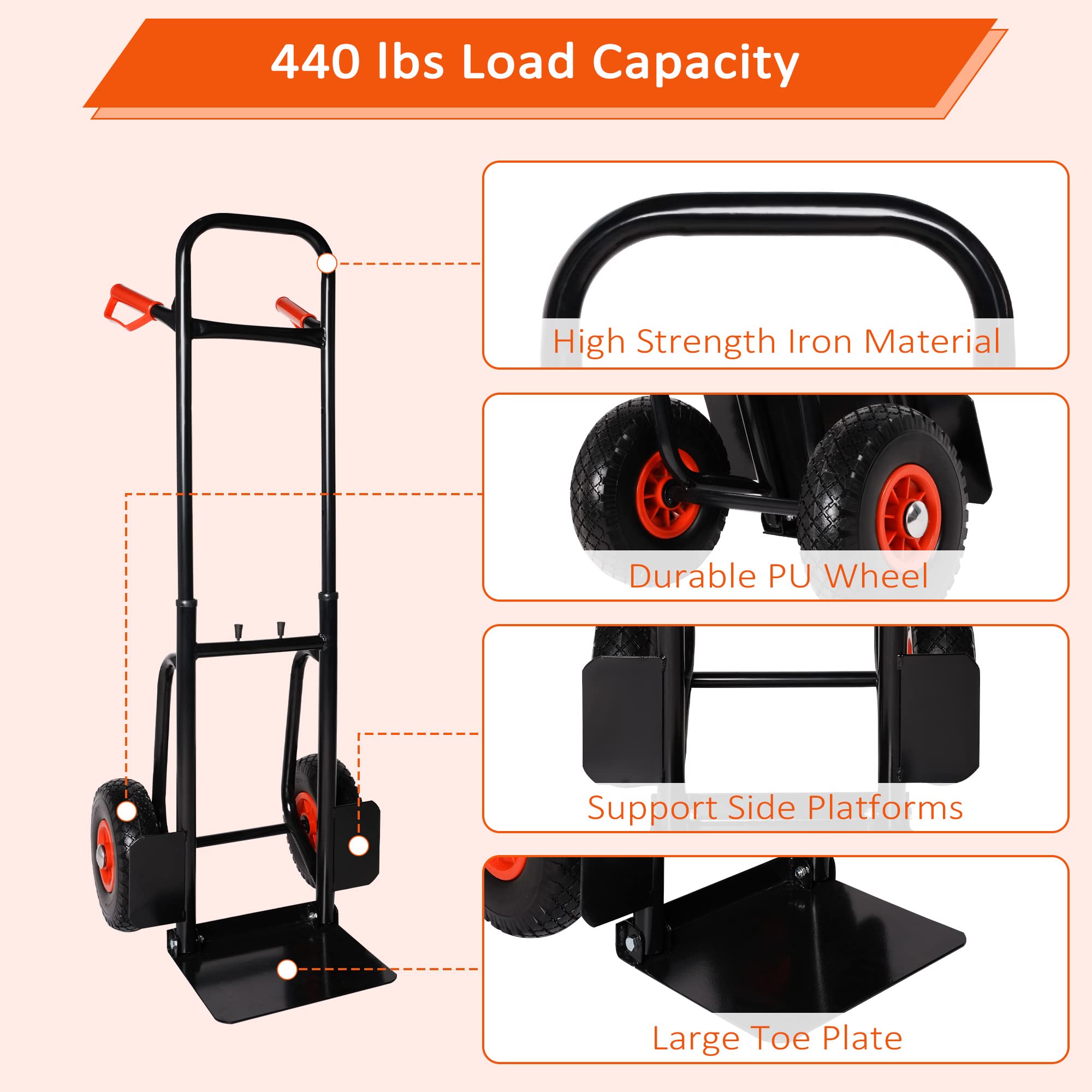 Endynino Portable Hand Truck, Heavy Duty Iron Dolly Cart with Telescoping Handle 440 lbs Capacity, PU Wheels and 3 Position Height Adjustable, Lightweight Utility Trolley Cart for Garage, Warehouse