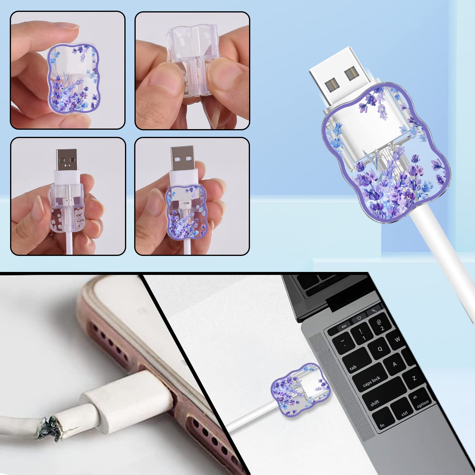 Flower Charger Cable Protector for Samsung Android USB Charger Cute Wave Edge,Butterfly Sunflower Camellia Pattern 4 PCS USB Cable Protectors,Phone Cord Protector for Women Girls,USB Charger Saver