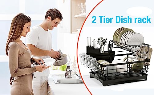 MontNorth Dish Drying Rack for Kitchen Counter, Large Rust-Proof Dish Strainer with Drainboard,2 Tier Dish Drainers with Utensil Holder, Cups Holder,Space-Saving, Easy to Assemble,Black
