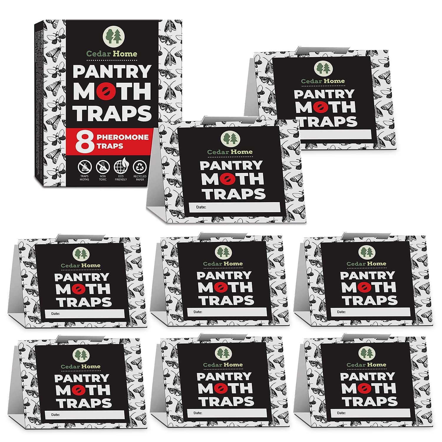 Cedar Hyde Pantry Moth Traps 8-Pack with Pheromones | Long Lasting, Safe, Non-Toxic & No Insecticides | Sticky Glue Pheromone Trap for Kitchen Pantry Moths | U.S.A. Seller