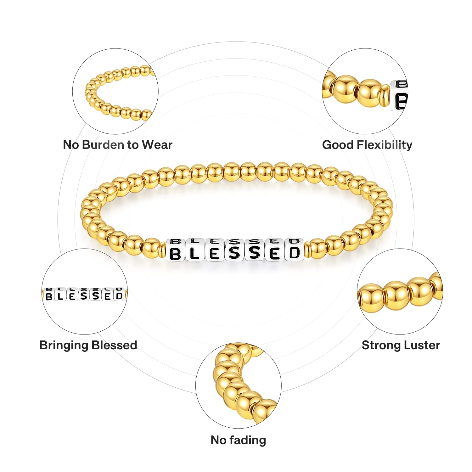 Byson Brass Beads Ball Bracelet with English Letter Copper Beads Balls Stretchable Elastic Gold Beaded Bracelets for Women & Men 7.5" (BLESSED)
