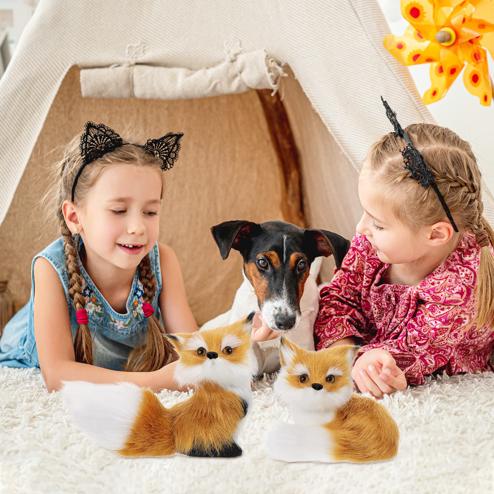 Sosation 2 Pcs Simulation Fox Mini Toy Fur Animal Model Stuffed Ornament Static Action Figures Fox Standing Sitting Plush for Home Office Desktop Bag Decoration 3.94 x 3.54 in, 3.15 x 2.75 in(Brown)