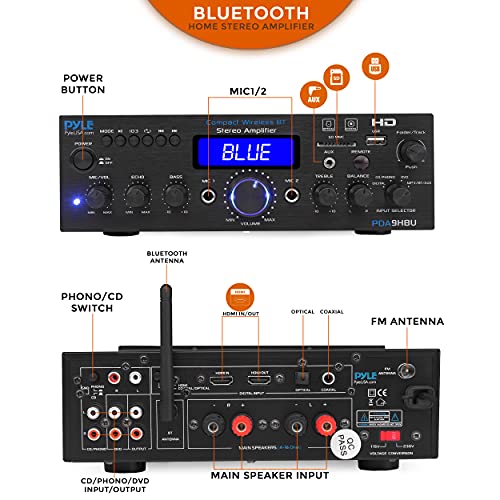 Pyle Wireless Bluetooth Home Stereo Amplifier - Multi-Channel 200 Watt Power Amplifier Home Audio Receiver System w/HDMI, Optical/Phono/Coaxial, FM Radio, USB/SD, AUX, RCA, Mic - Remote -PDA9HBU.5