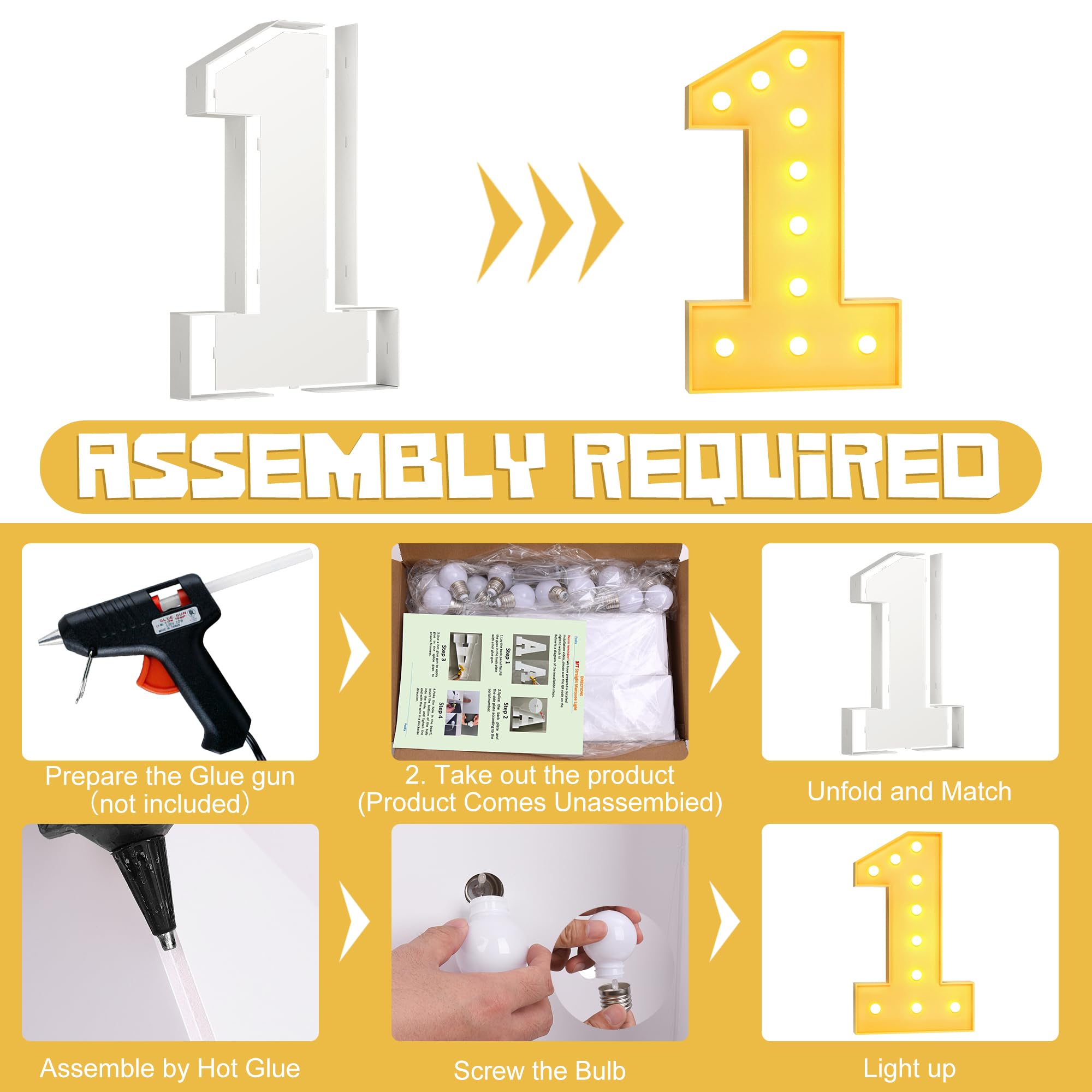 Foaky 3FT Marquee Numbers,Large Light Up Numbers,Giant Marquee Light Up Numbers for 1st Birthday Party Decorations,Pre-Cut Foam Board Kit,Anniversary Decor (1,3FT)