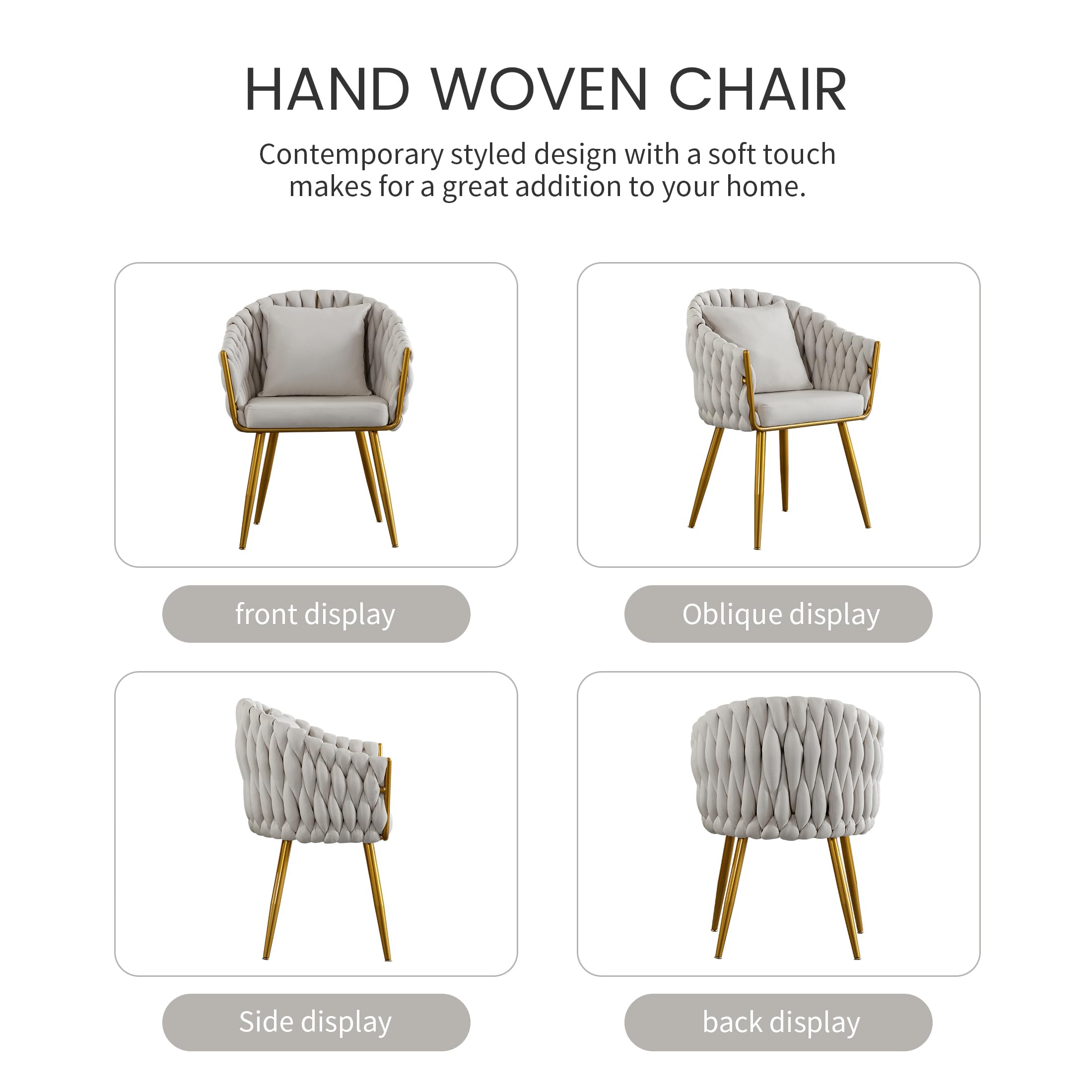 BOSMILLER Woven Dining Chairs, Modern Dining Room Chairs with Gold Metal Non-slip Legs, Curved High Backrest Round Upholstered Dining Chair with Headrest, for Living Room, Dining Room (Beige)