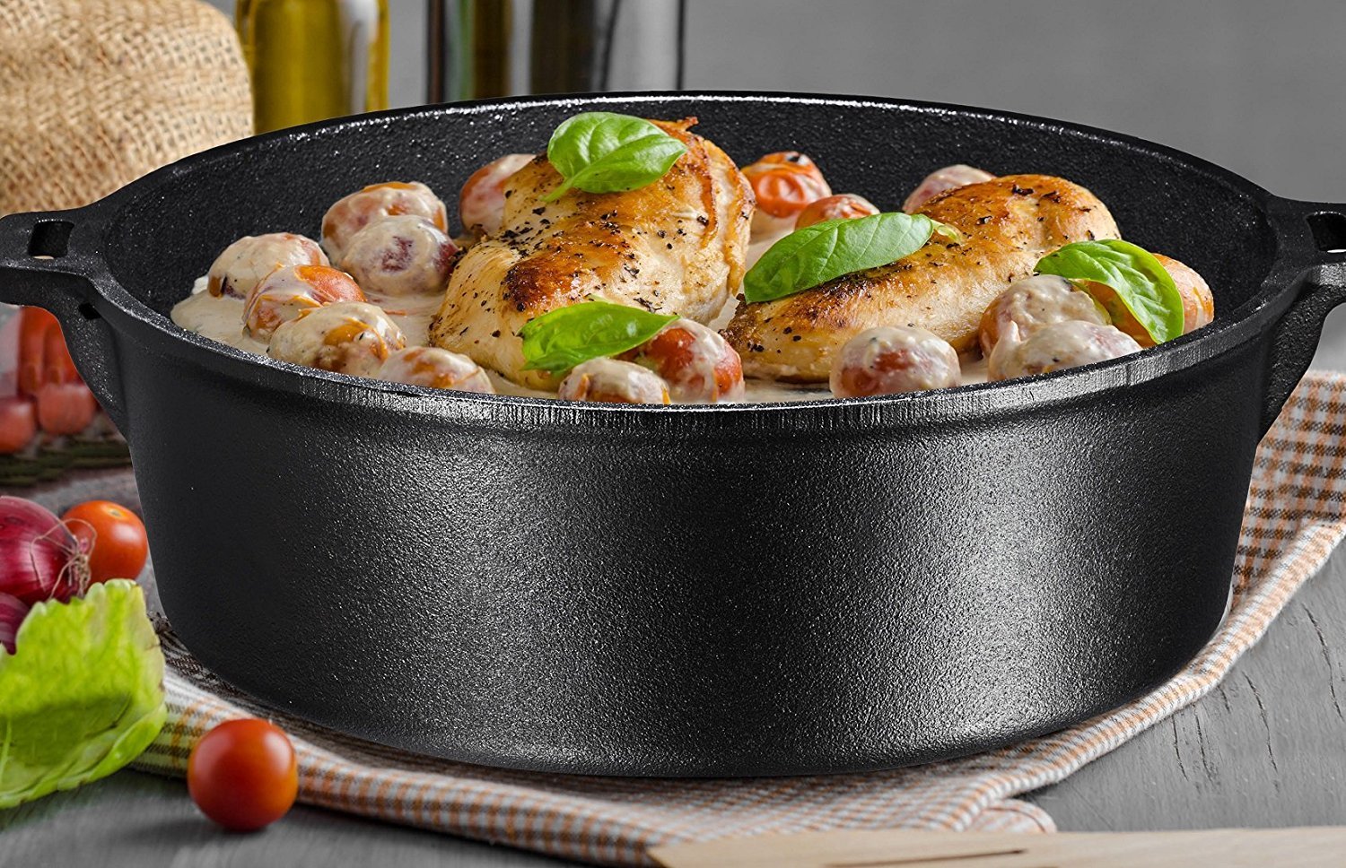 Bruntmor Pre-Seasoned Cast Iron Dutch Oven with Flanged Lid Iron Cover, for Campfire or Fireplace Cooking Pre-Seasoned Camping Cookware Flat Bottom 6 Quart- Black