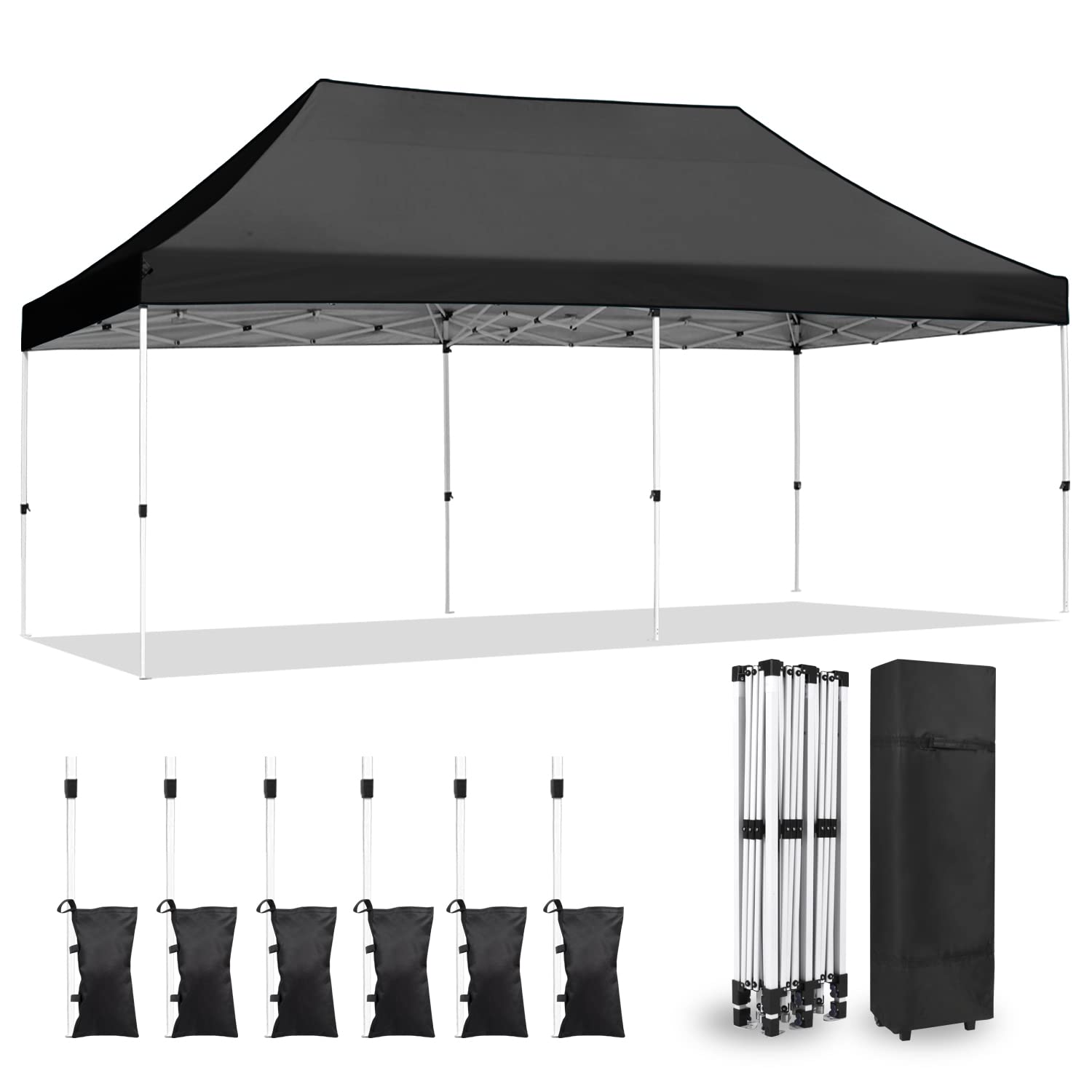 CAJECUS 10' x 20' Pop Up Canopy, Durable Easy Beach Canopy Tent, Waterproof Outdoor Canopy with 3 Adjustable Height, Roller Bag, 6 Sand Bags, 4 Ropes and 8 Stakes