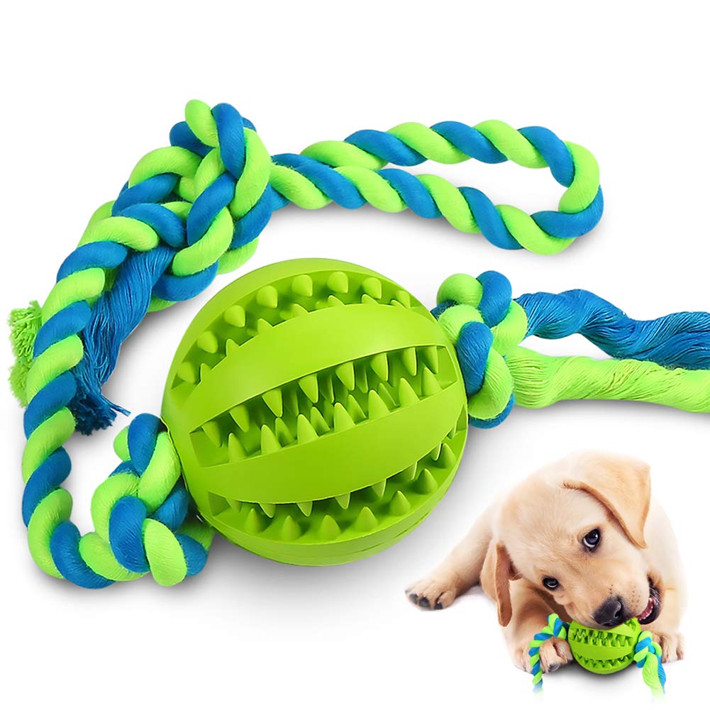 CHLEBEM Puppy Toys Interactive Dog Toys Balls for Small Medium Dogs Chew Teething Teeth Cleaning Treat Dispensing Durable Rubber Ball Dog Rope Toy for Tug of War Playing(Green)
