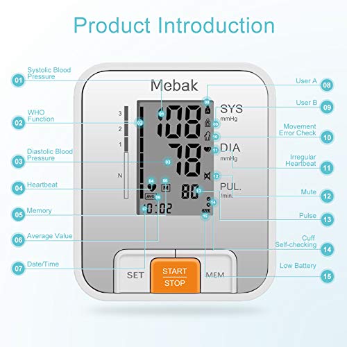 Blood Pressure Monitor Upper Arm, Mebak Automatic Digital BP Machine Cuffs for Home Use, Pulse Rate Monitoring with Large Display, 2x120 Memory