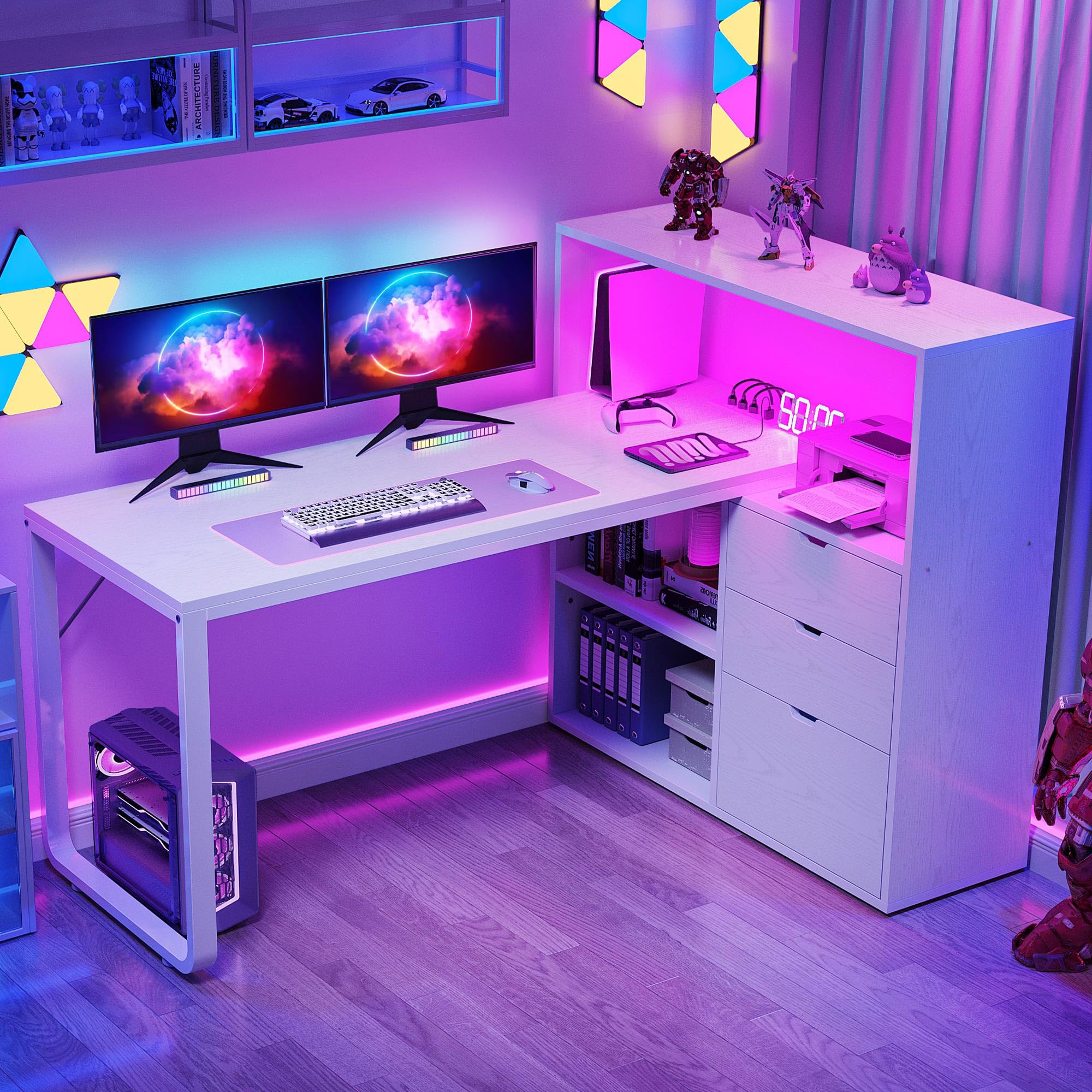 DWVO L Shaped Desk with Drawers, 55" Corner Computer Desk with Bookshelf & Power Outlets & LED Lights, Home Office Desk with Storage Shelves, Black