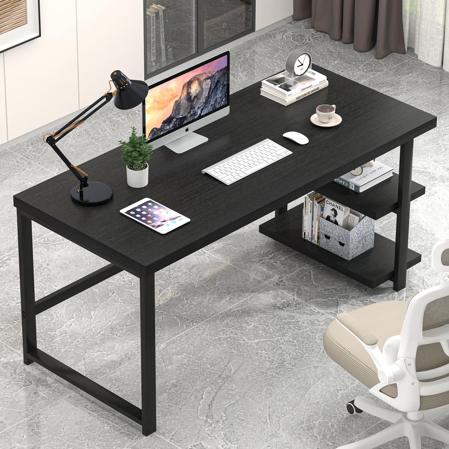 EXCEFUR Industrial Computer Desk, Home Office Desk with Storage Shelves, Wood Study Writing Table for Bedroom, Living Room, Grey, 53 Inch
